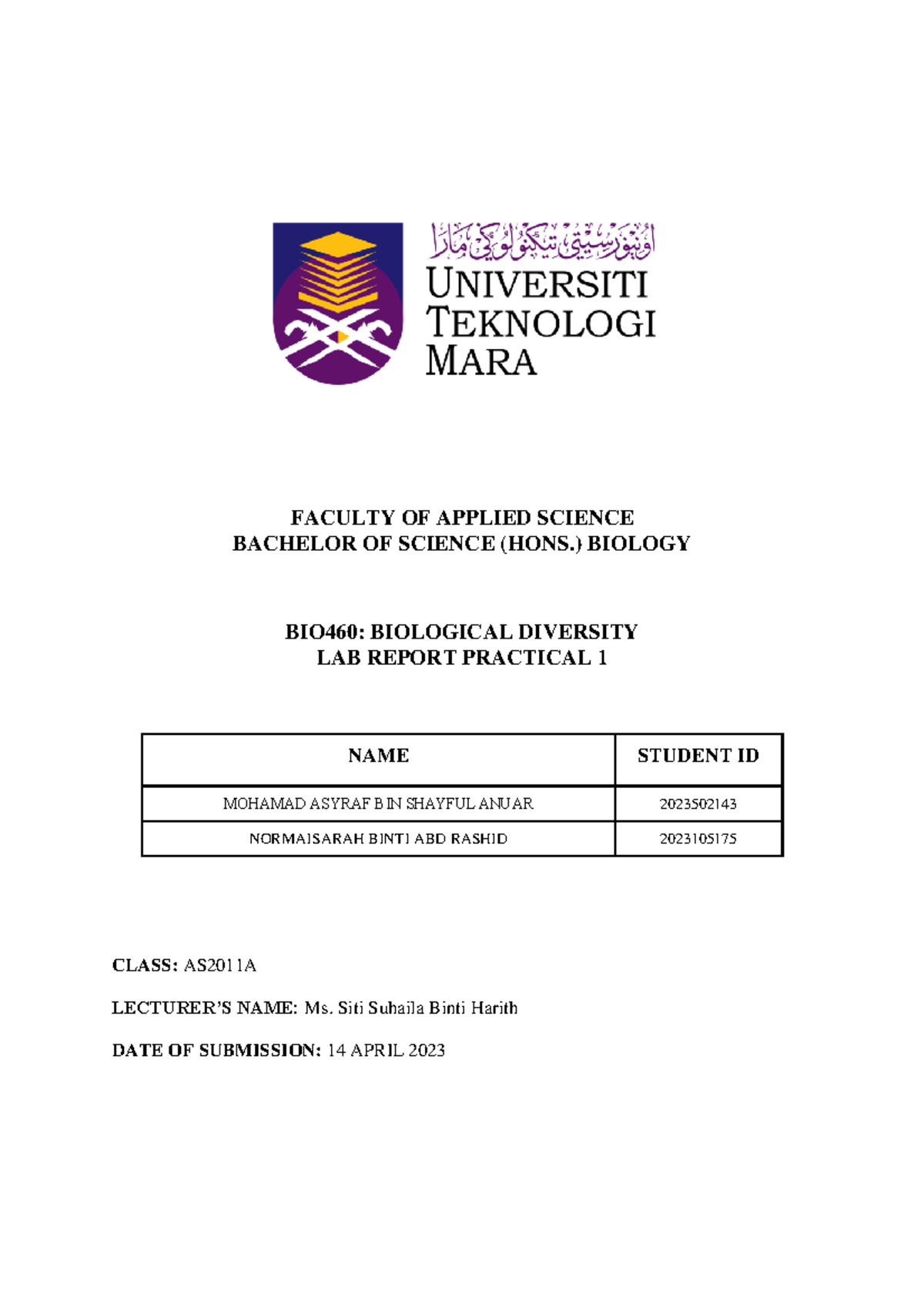 BIO461 ( Practical 2) - lab report - FACULTY OF APPLIED SCIENCE BACHELOR OF SCIENCE (HONS ...