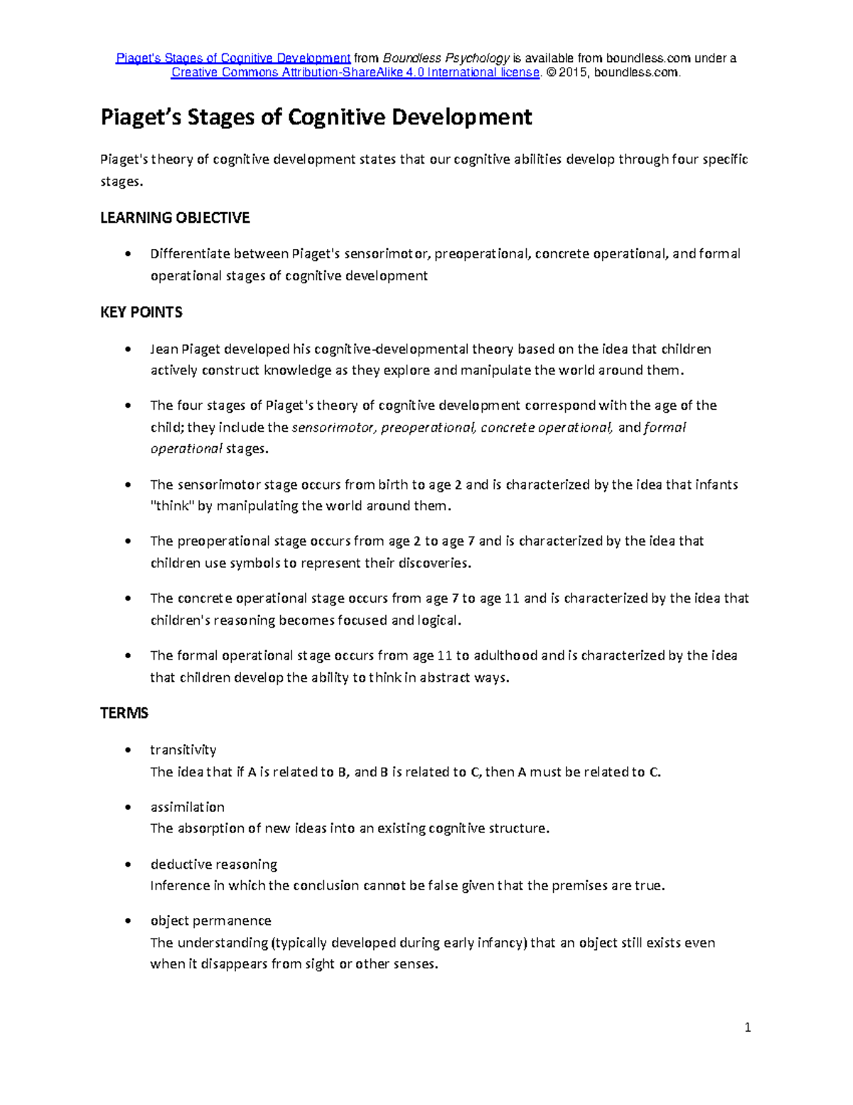 Piaget-handout - PIAGET HANDOUT PED401 - Piaget’s Stages of Cognitive ...