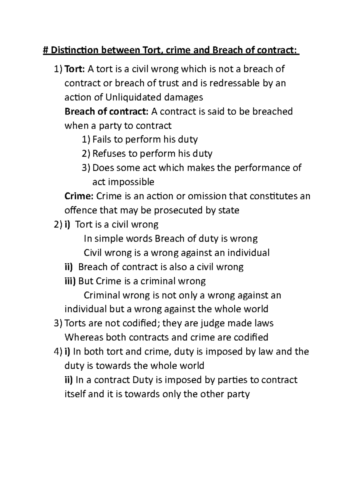LTCP Assignment REGARDING THE DIFFERENCES B/N TORTS , CRIME AND BREACH ...