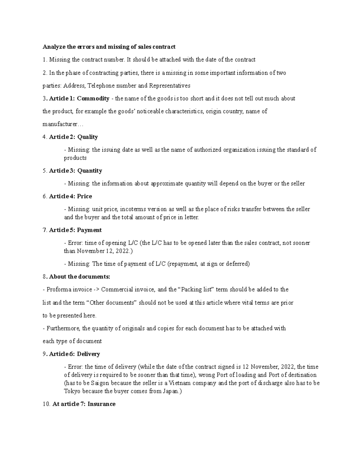 EIM midterm review - Analyze the errors and missing of sales contract Missing the contract ...