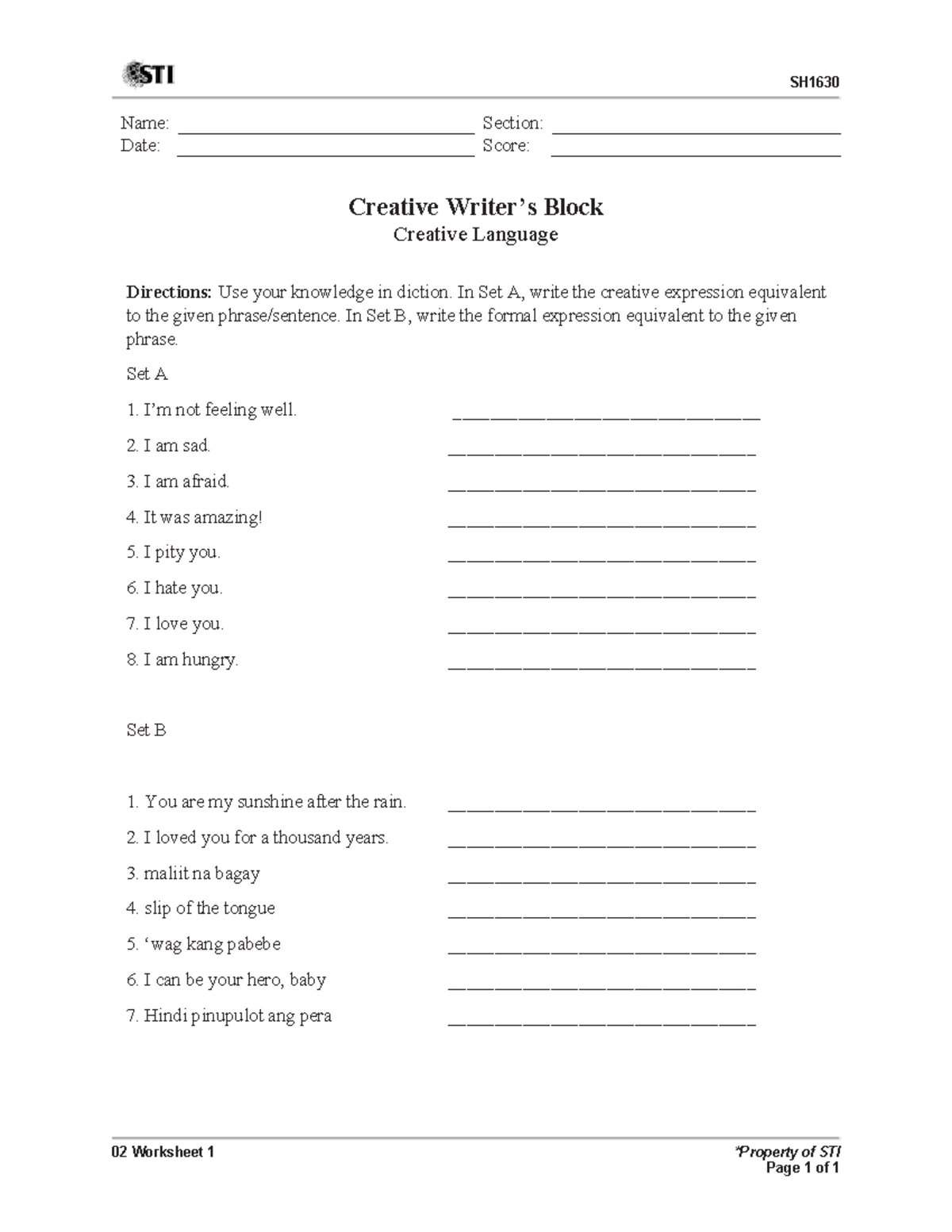 SH1630 - Creative Writing 02 Worksheet 1 - SH 02 Worksheet 1 *Property ...