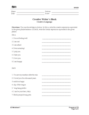 SH1630 - Creative Writing 01 Worksheet 1 - SH 01 Worksheet 1 *Property ...