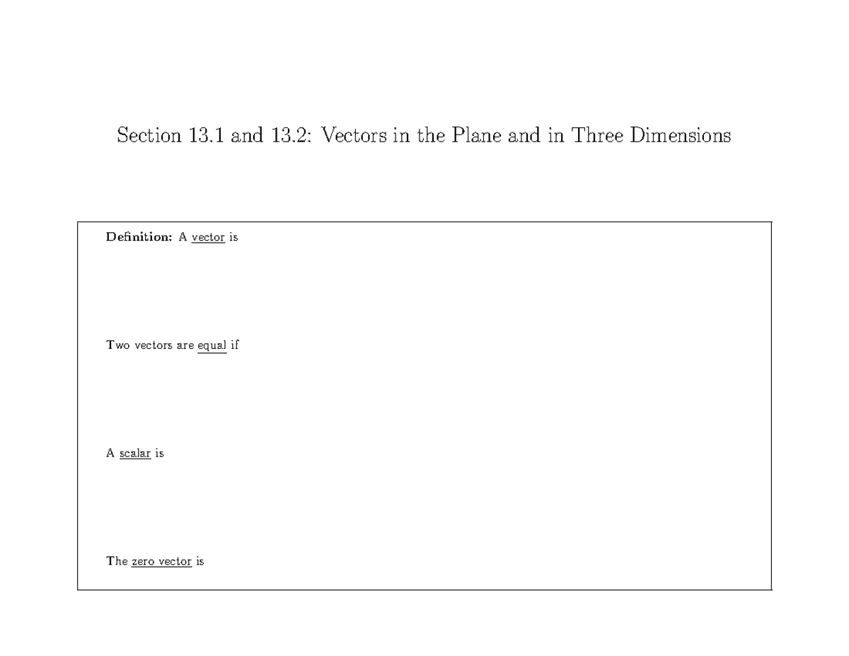 13 1 2 Vectors - note - Section 13 and 13: Vectors in the Plane and in ...