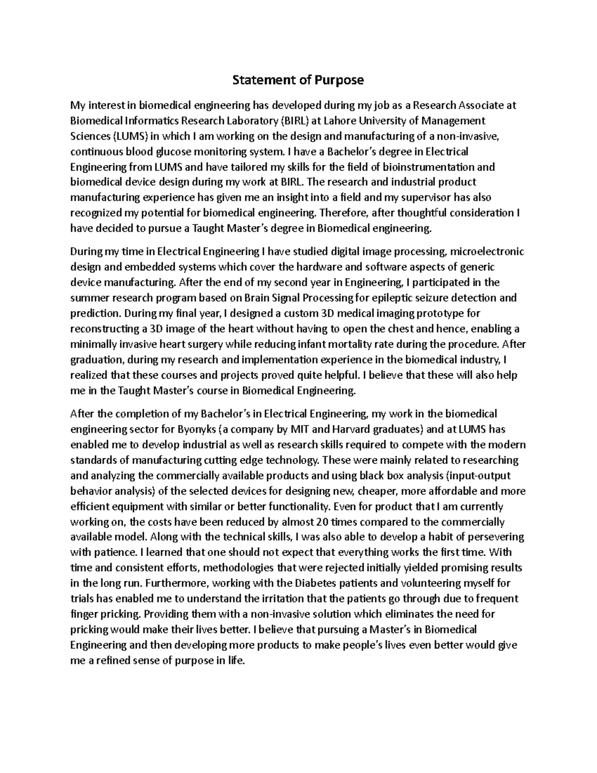 SOP Muhammad Saad Khan (For MS Biomedical Engineering) - Statement of ...