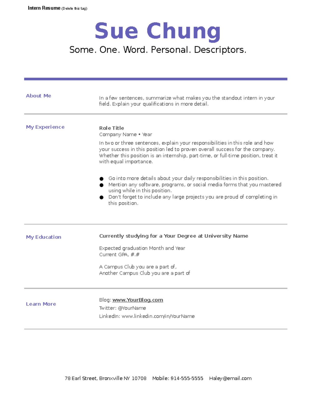 Word Doc Resume #5 - Intern Resume (Delete this tag) Sue Chung Some ...