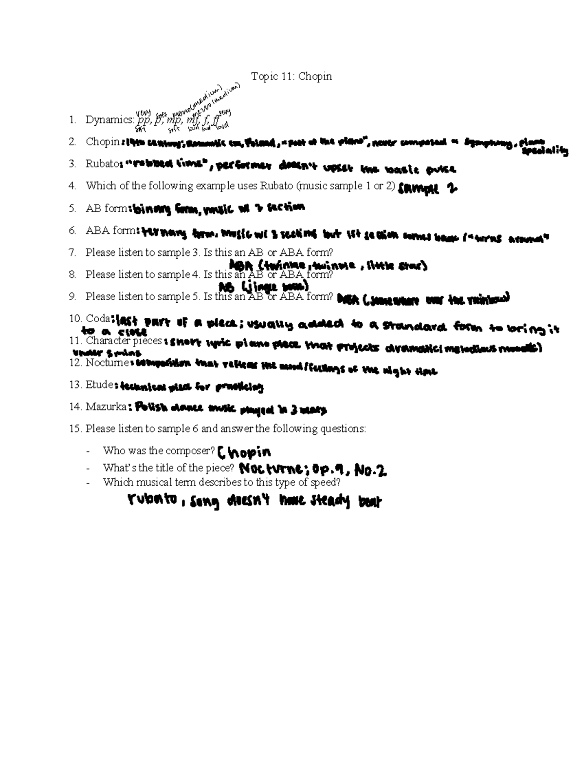 Music Appreciation Notes Topic 11 - Topic 11: Chopin 1. Dynamics: pp, p ...