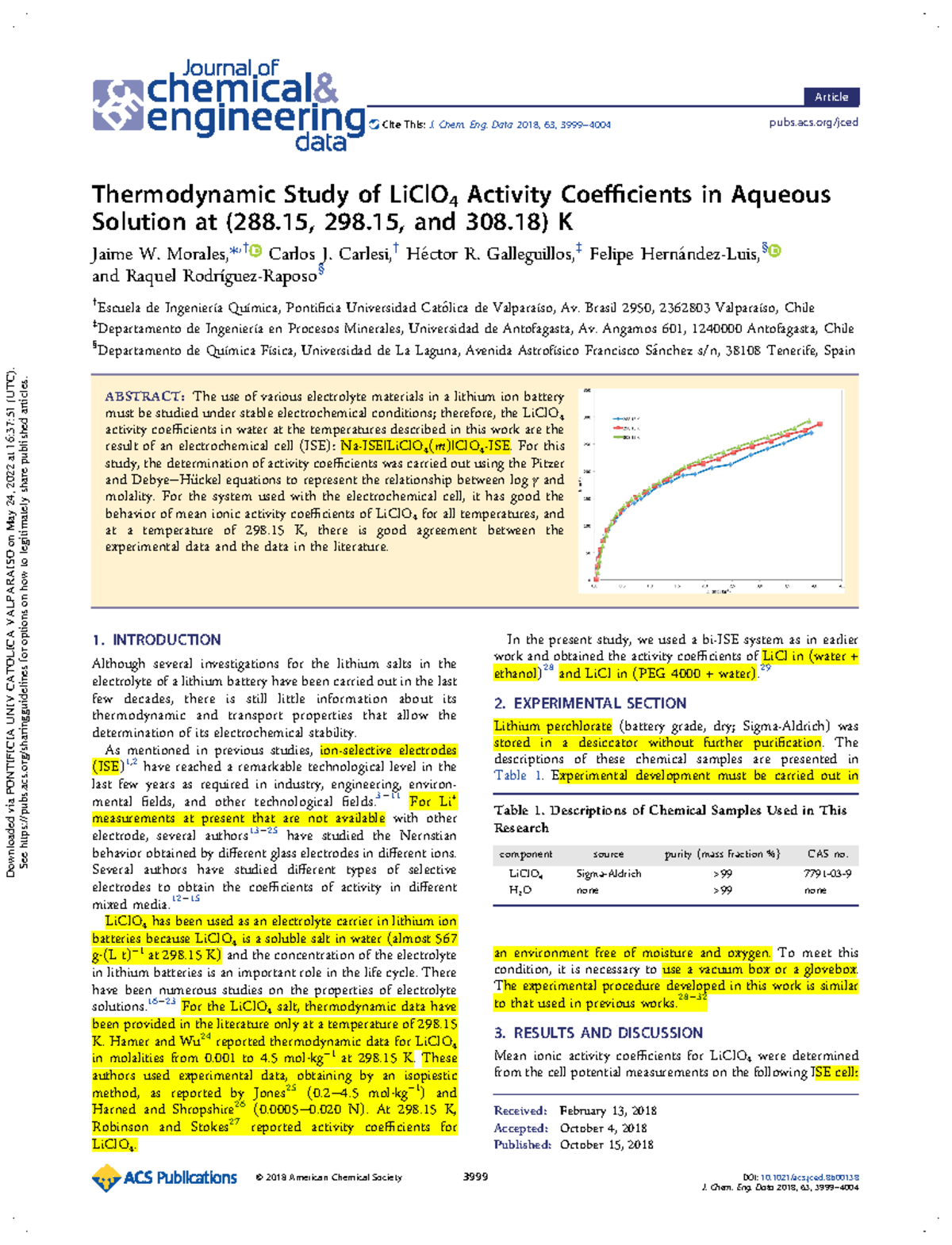 Morales - Jaime, 2018 . Activity coeff Li Cl O 4-H2O - Thermodynamic ...