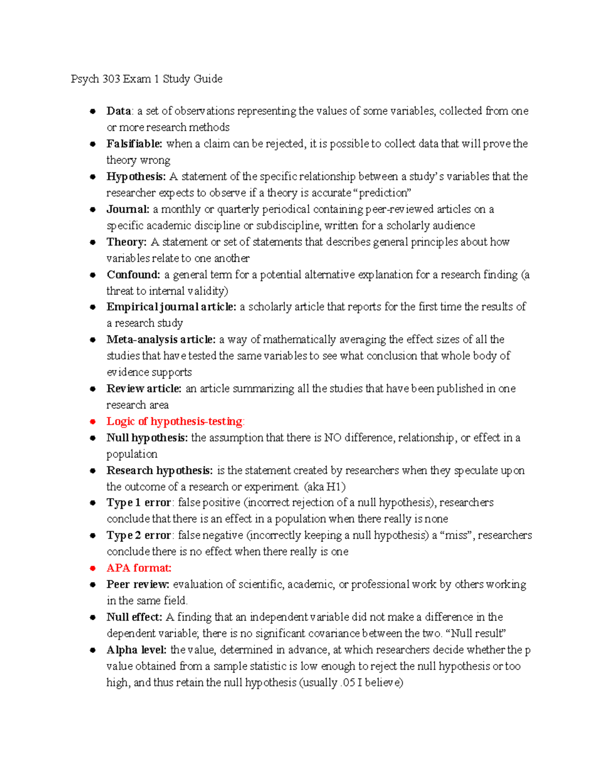 Psych 303 Exam 1 Study Guide - Psych 303 Exam 1 Study Guide a set of ...