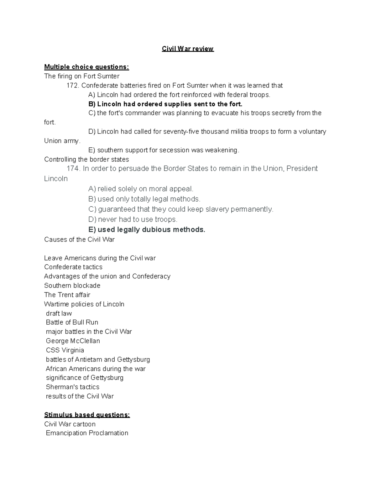 Civil War Test review - Civil War review Multiple choice questions: The ...