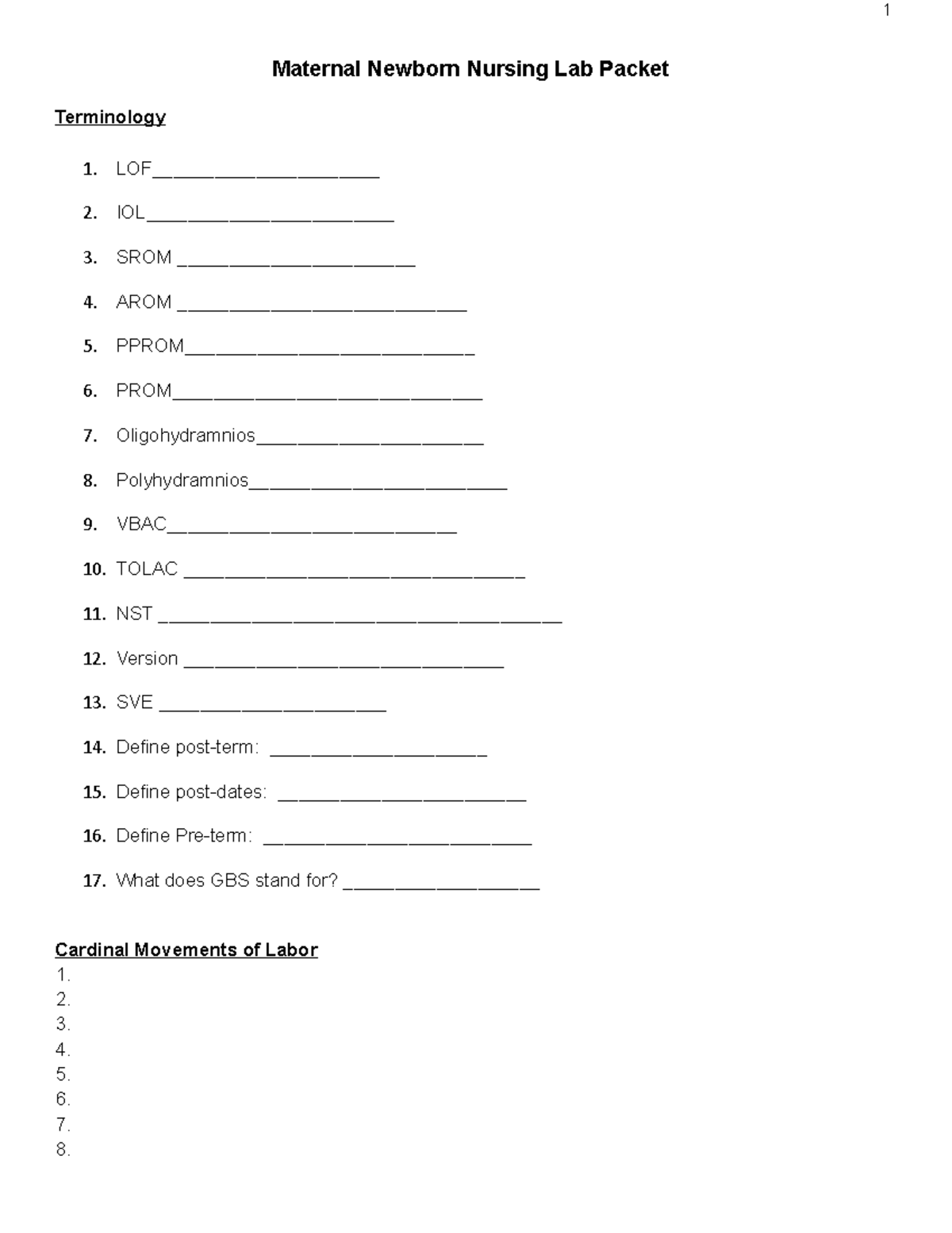 NR 465 Lab Packet: Labor & Delivery and Newborn Care - Maternal Newborn ...