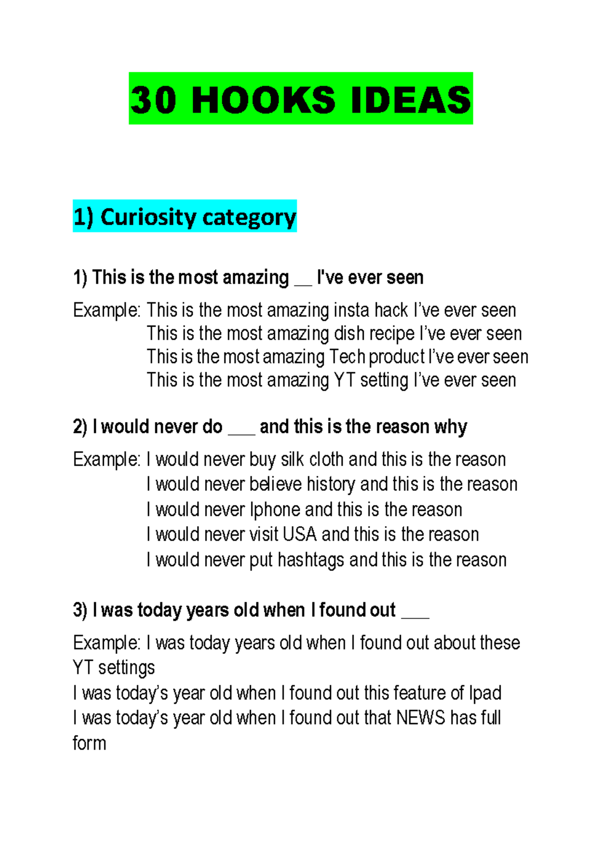 30 Hooks Ideas - This is hook example for yt video - 30 HOOKS IDEAS 1) Curiosity category This ...