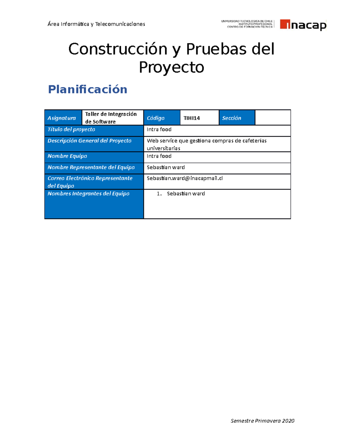 Ficha planif proyecto SW - Área Informática y Telecomunicaciones Construcción y Pruebas del ...