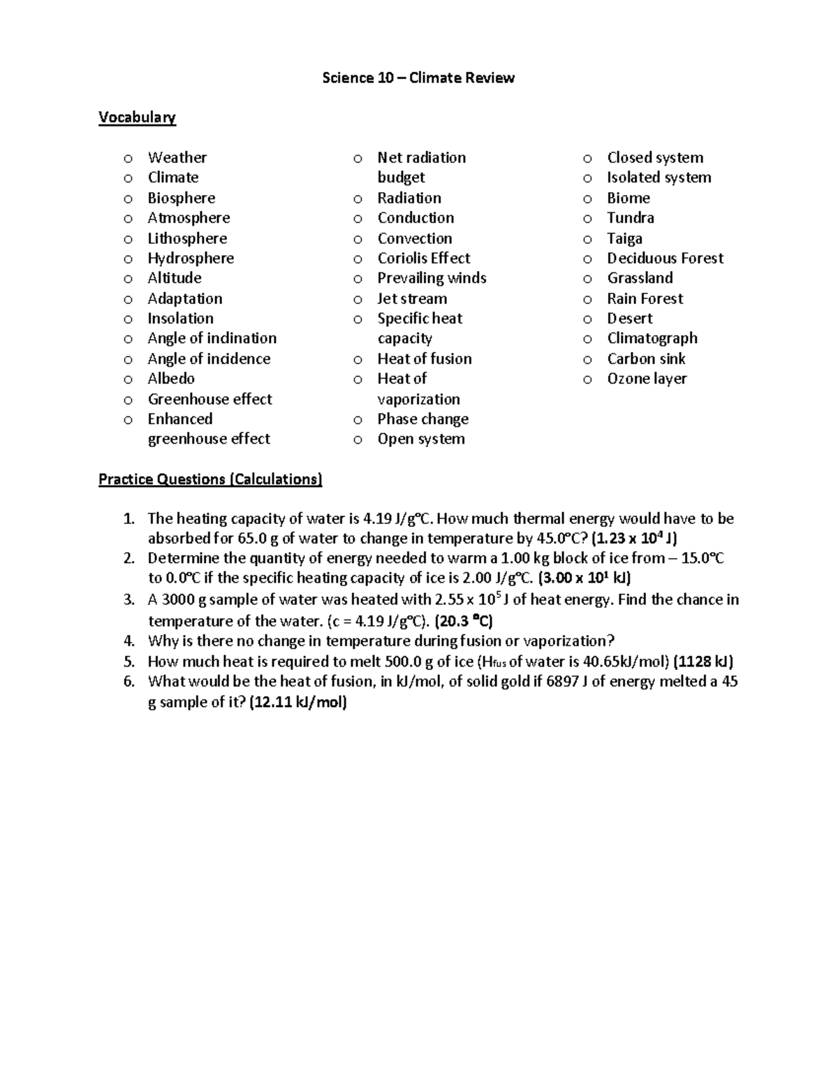 Climate Review - Science 10 – Climate Review Vocabulary o Weather o ...