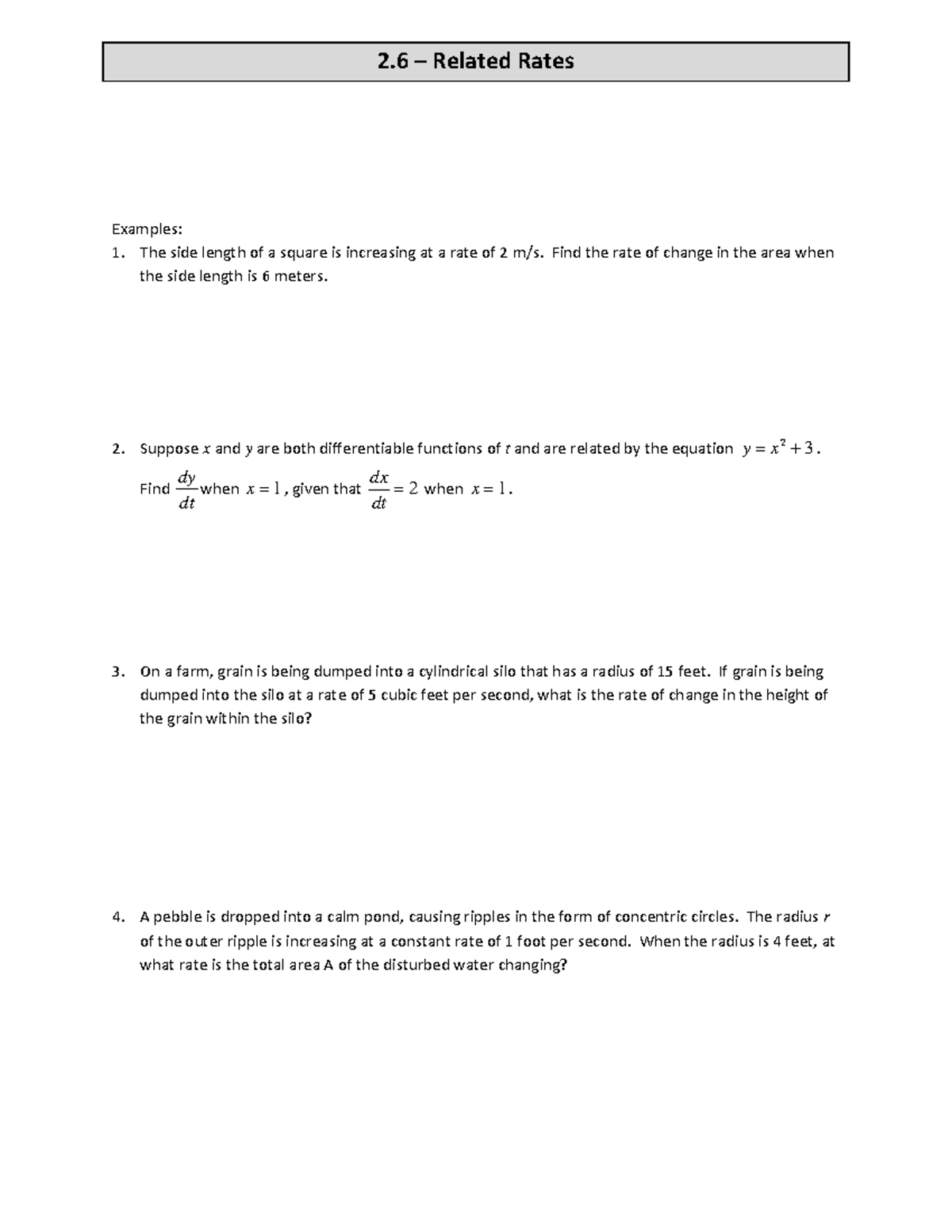 Section 2.6 Related Rates Notes - 2 – Related Rates Examples: 1. The ...