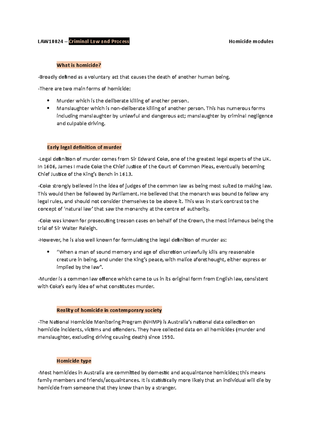 Homicide - Lecture notes - LAW10024 – Criminal Law and Process Homicide ...