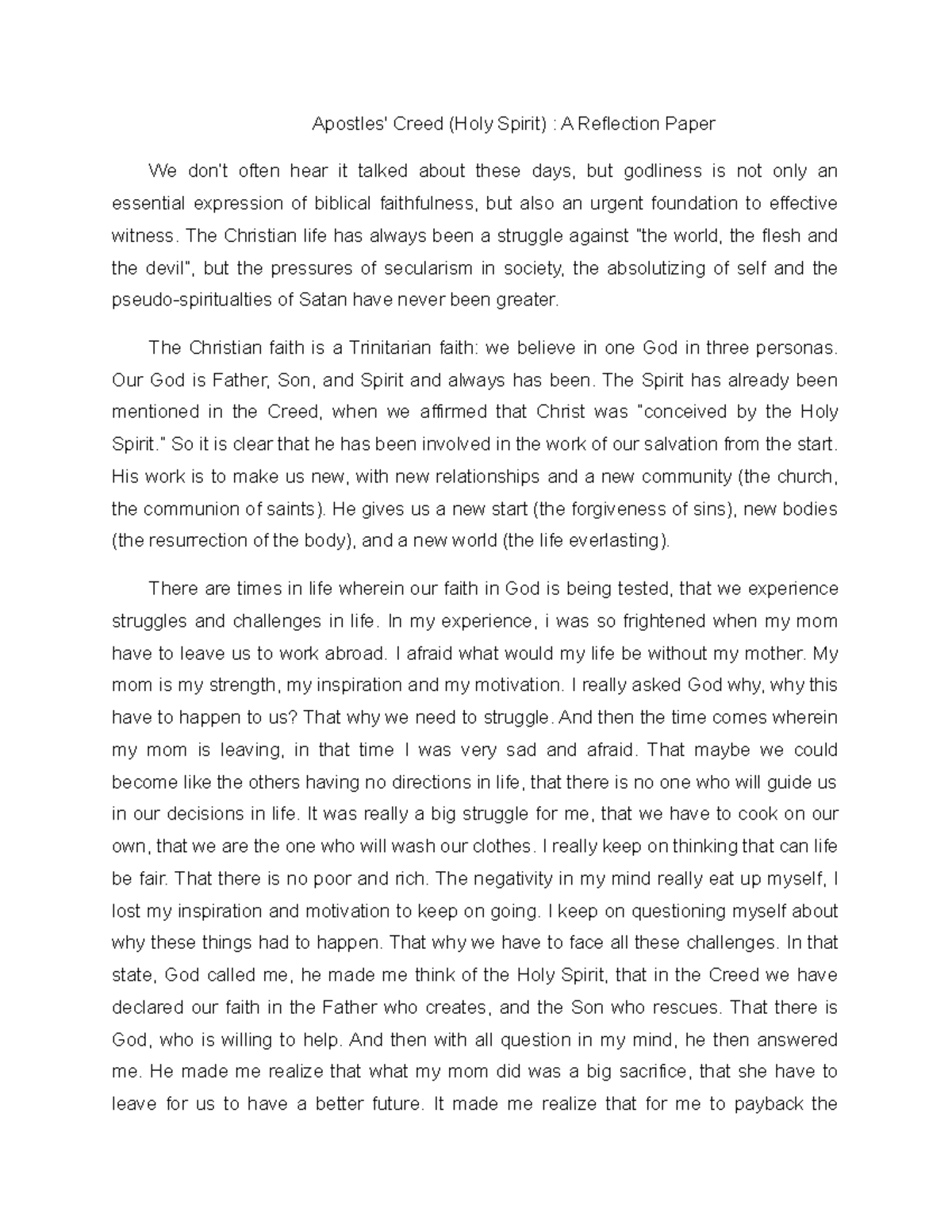 Apostle's Creed Reflection - Apostles' Creed (Holy Spirit) : A ...