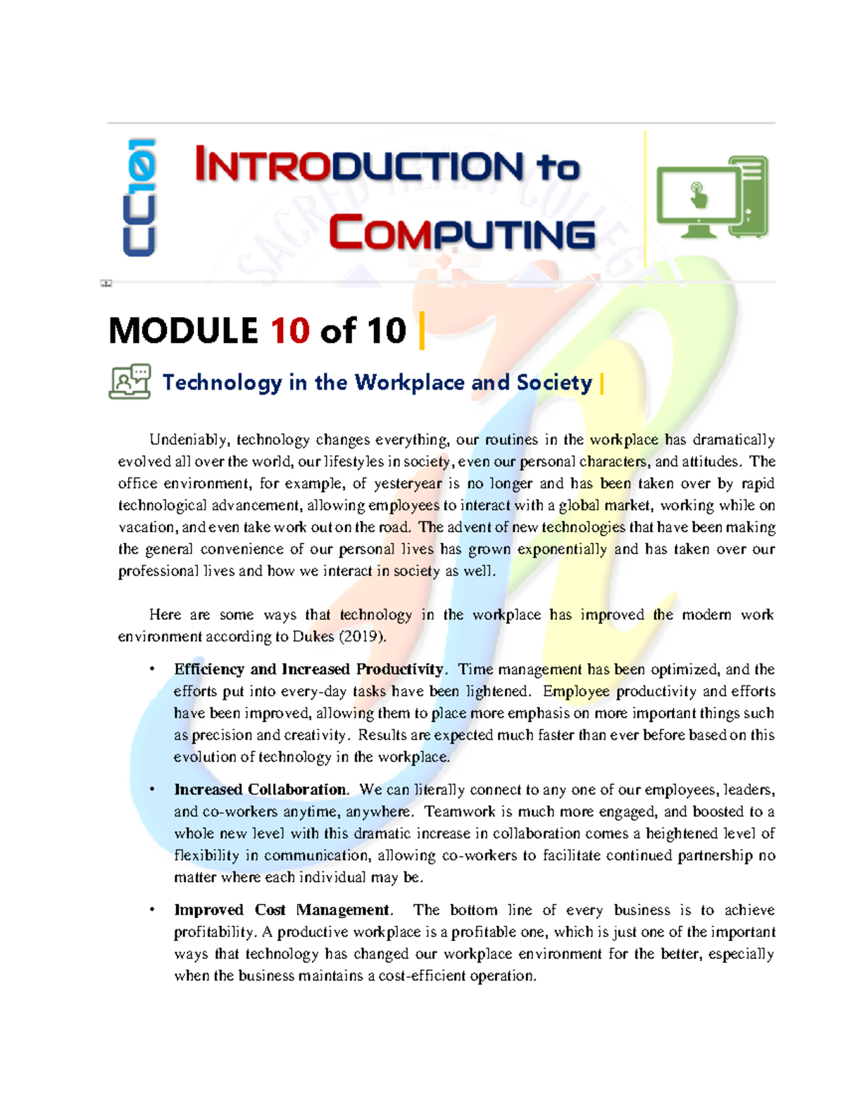 CC101#10 - Module #10 - MODULE 10 of 10 | Technology in the Workplace ...