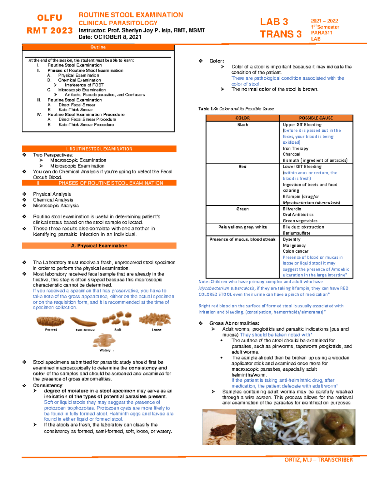 PARASITOLOGY LAB 3 - ROUTINE STOOL EXAMINATION CLINICAL PARASITOLOGY ...