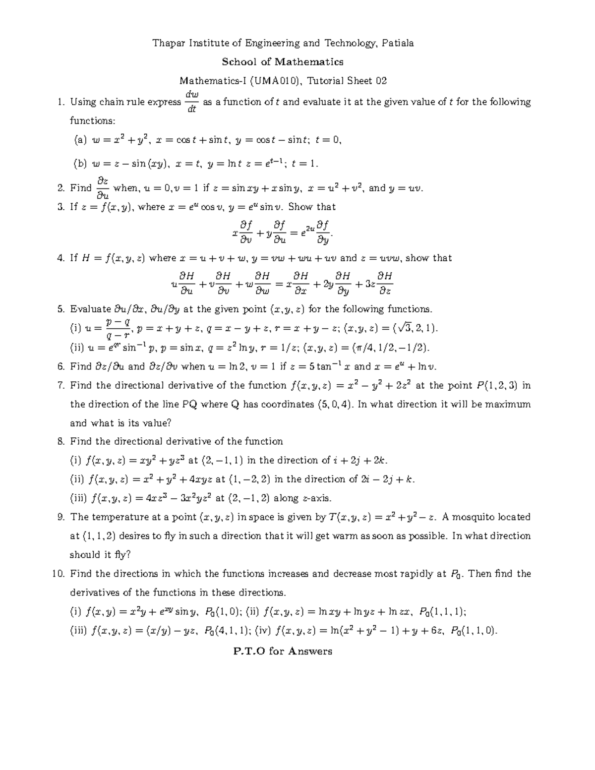 Tut sheet-2 - solve - Thapar Institute of Engineering and Technology ...