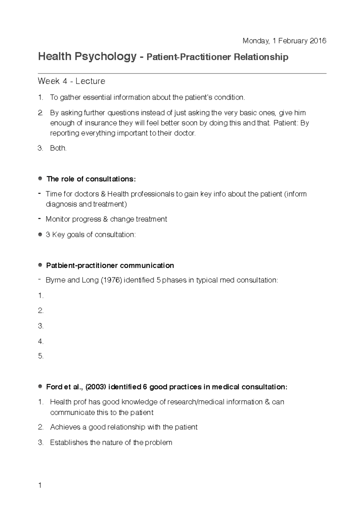 Health Psychology Lecture Week 4 - Health Psychology - Patient ...