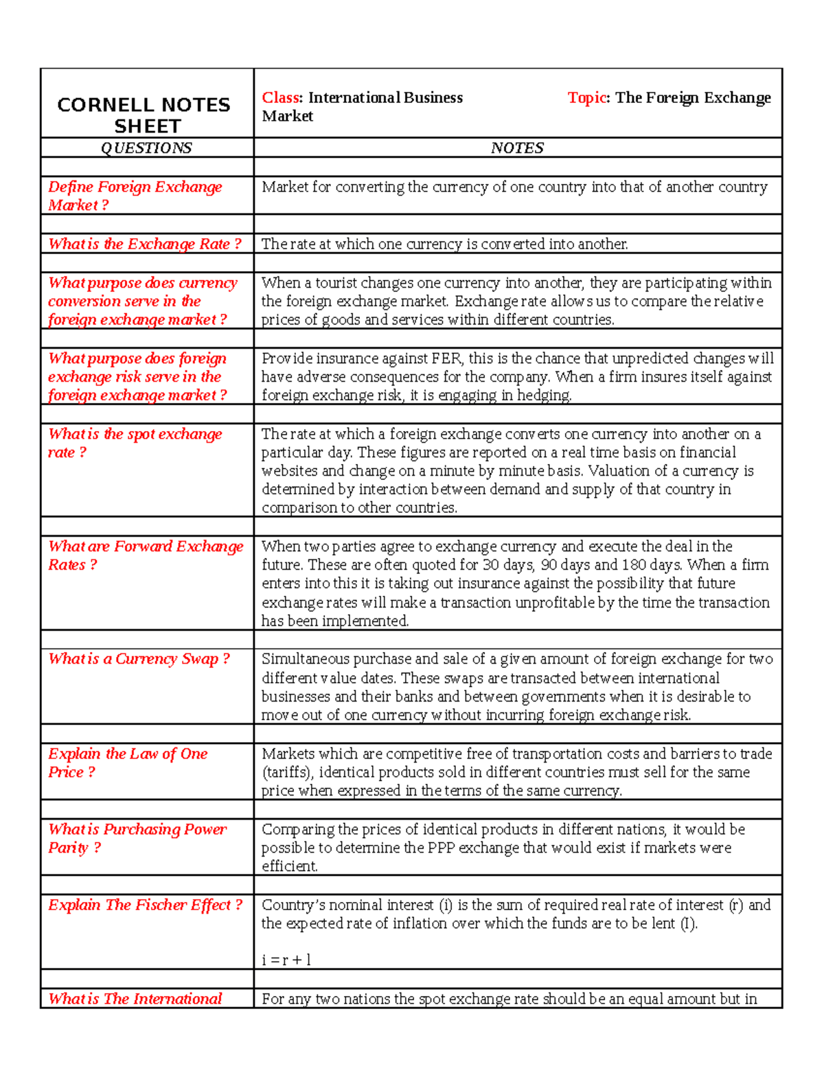 Chapter 10 - The Foreign Exchange Market - CORNELL NOTES SHEET Class ...