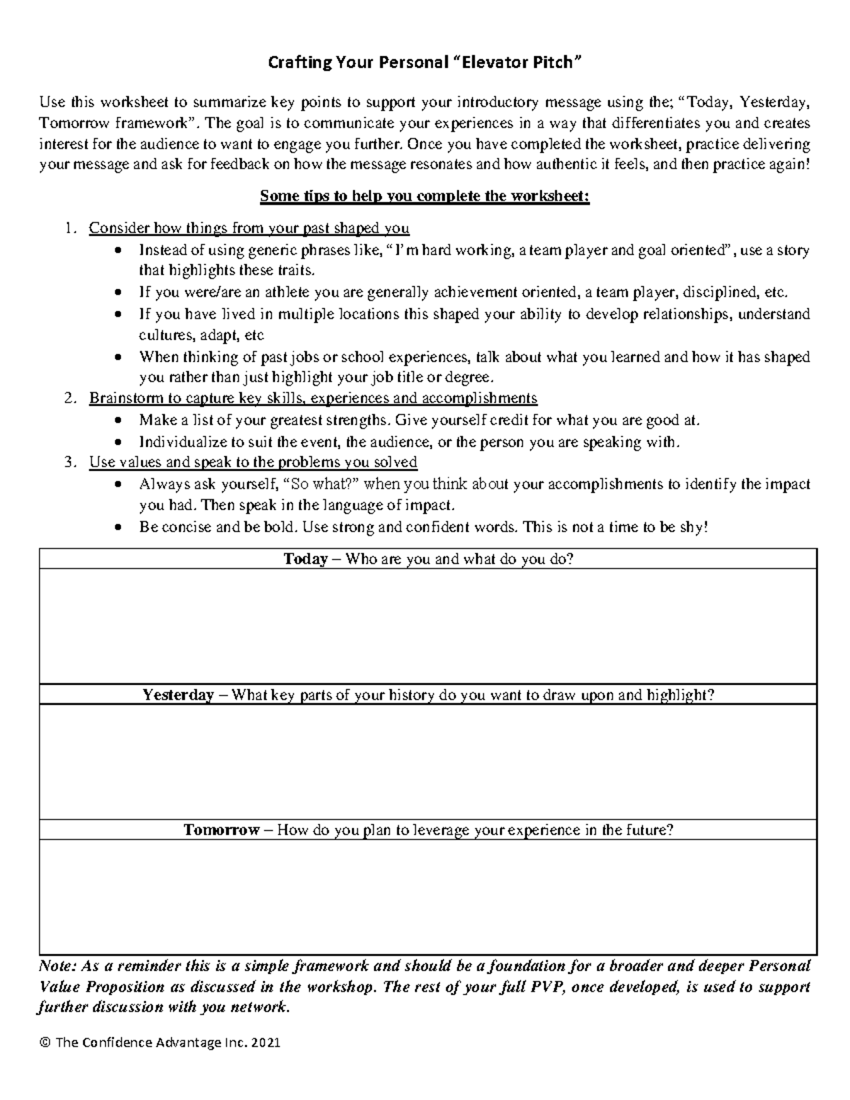 Crafting Lecture Work - Crafting Your Personal “Elevator Pitch” © The ...