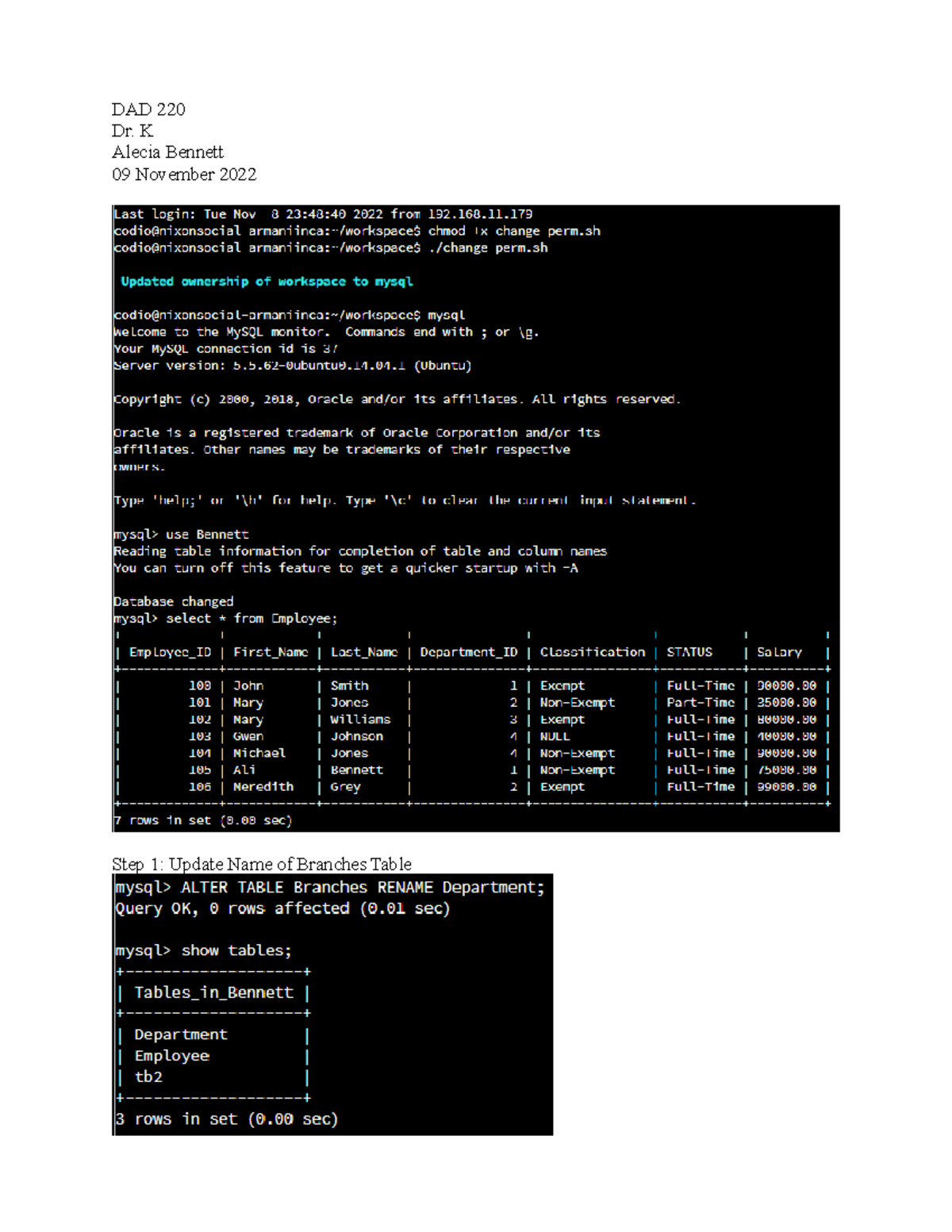 Codio Mod 3 - Bennett - DAD 220 Dr. K Alecia Bennett 09 November 2022 Step 1: Update Name of ...
