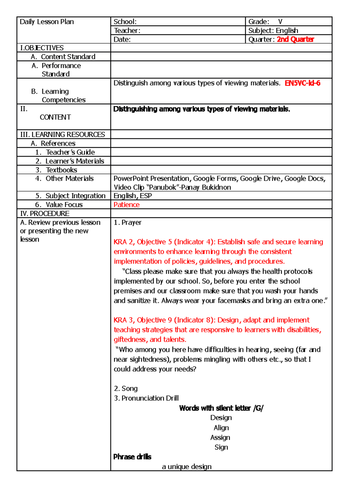 COT 2ND Quarter- English 5 - Daily Lesson Plan School: Grade: V Teacher: Subject: English Date ...