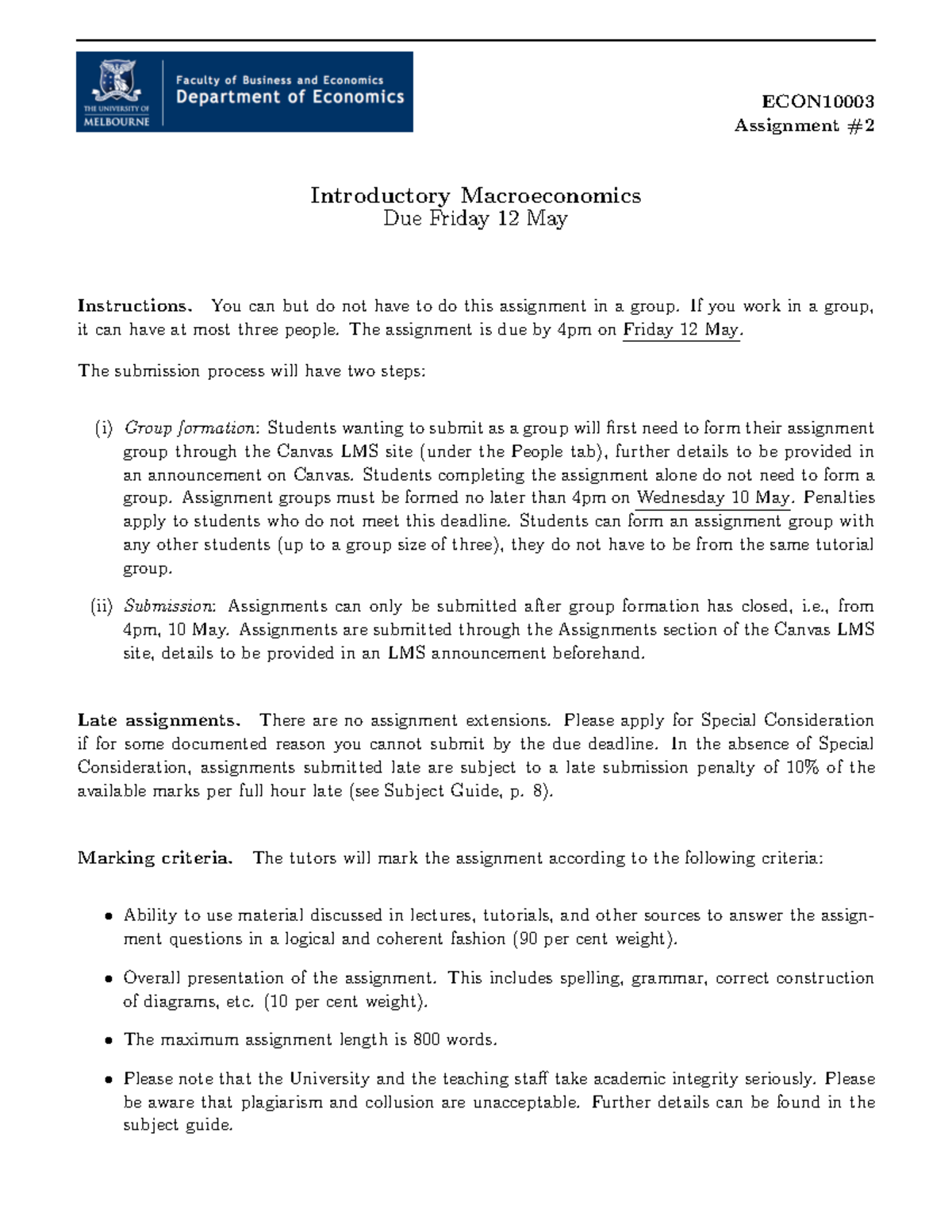 ECON10003 Assignment 2 - ECON Assignment # Introductory Macroeconomics Due Friday 12 May - Studocu