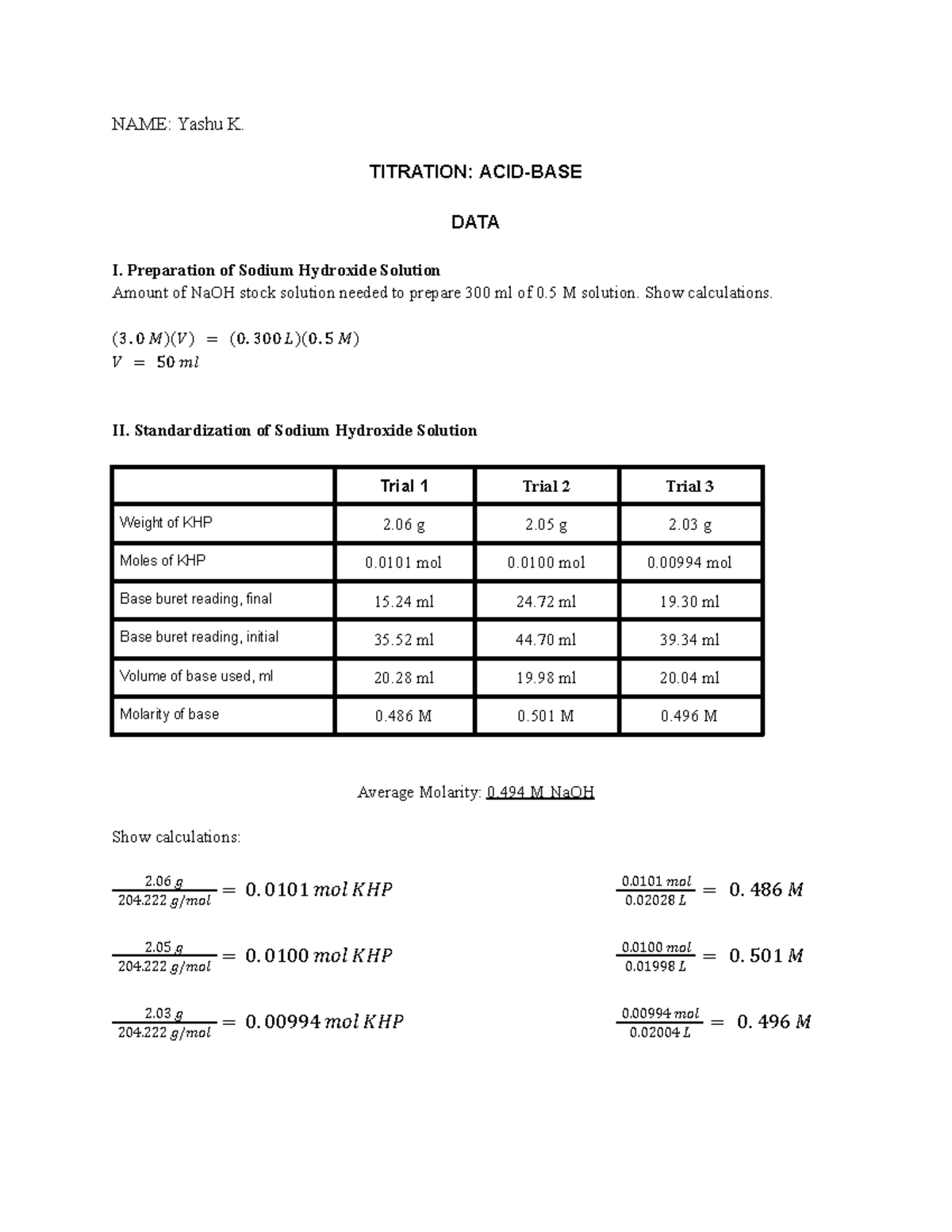 Titration Acid-Base Lab Report Chem 003B - NAME: Yashu K. TITRATION ...
