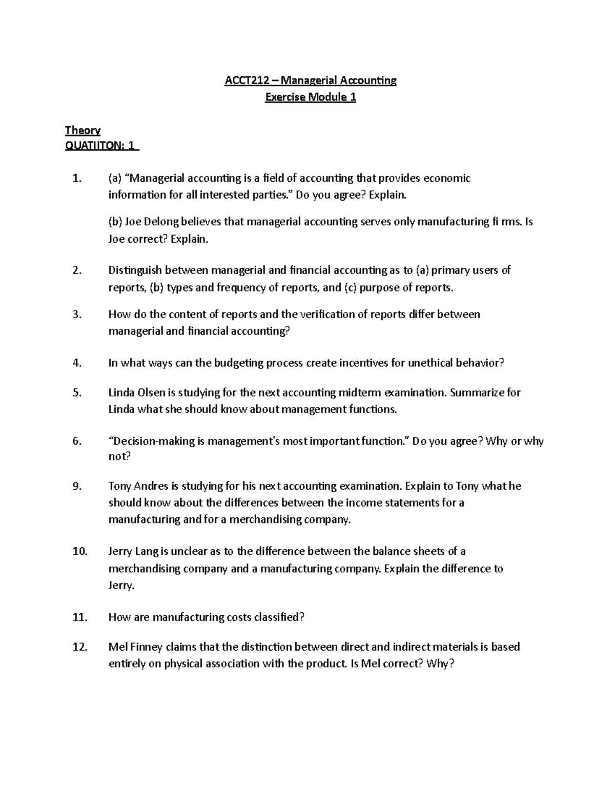 Acct212 Managerial Accounting Assignment 1 Of Module Module2 And