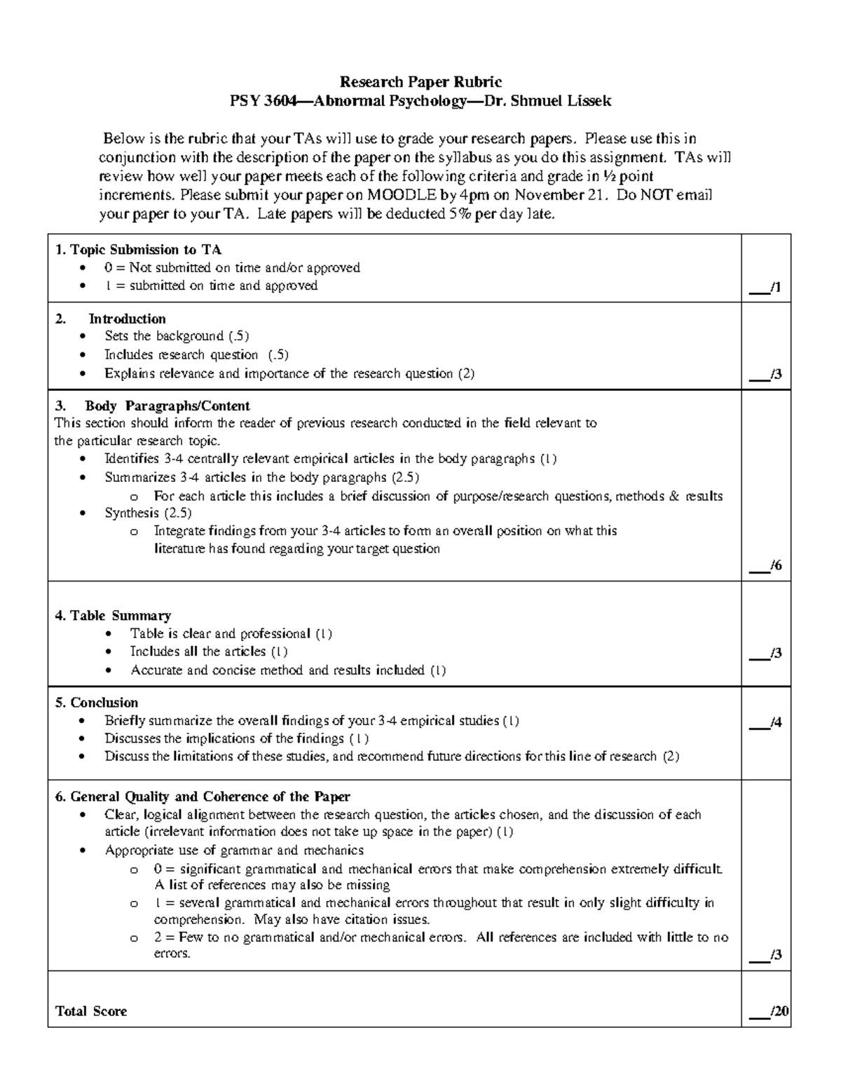 Research Paper Rubric Fall 2017 Final - Research Paper Rubric PSY 3604 ...