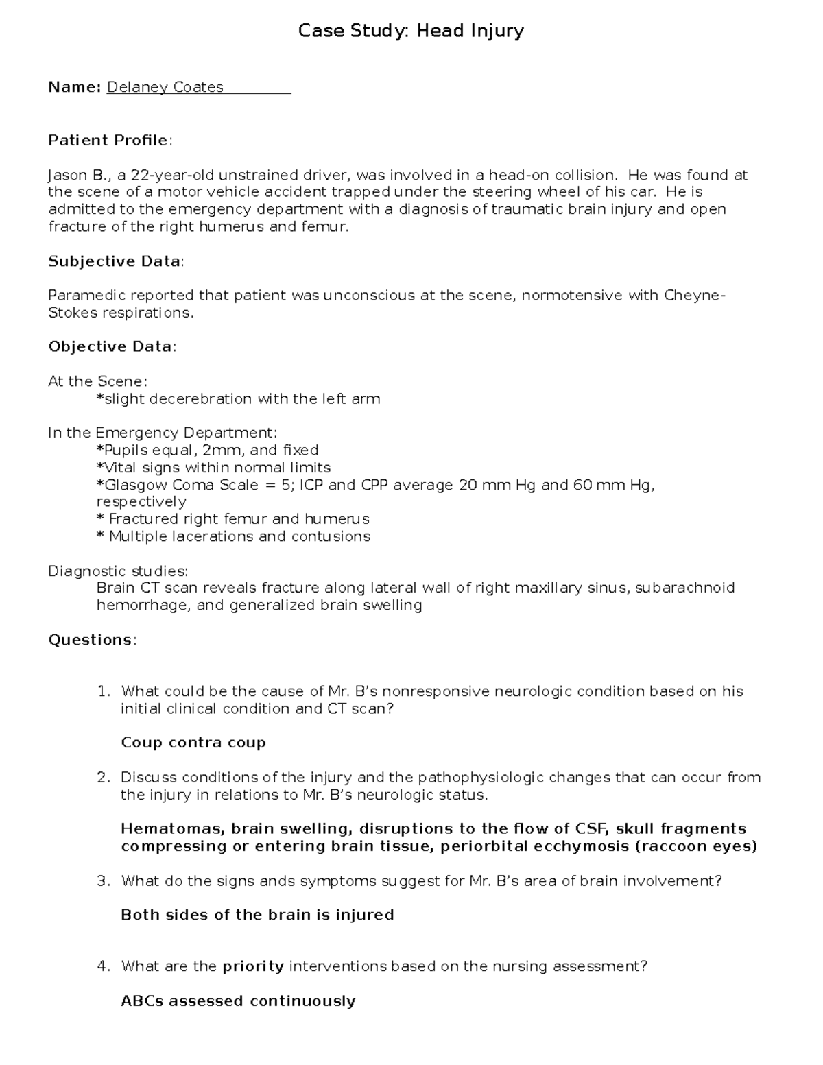 Head injury Case Study-Neuro - Case Study: Head Injury Name: Delaney ...