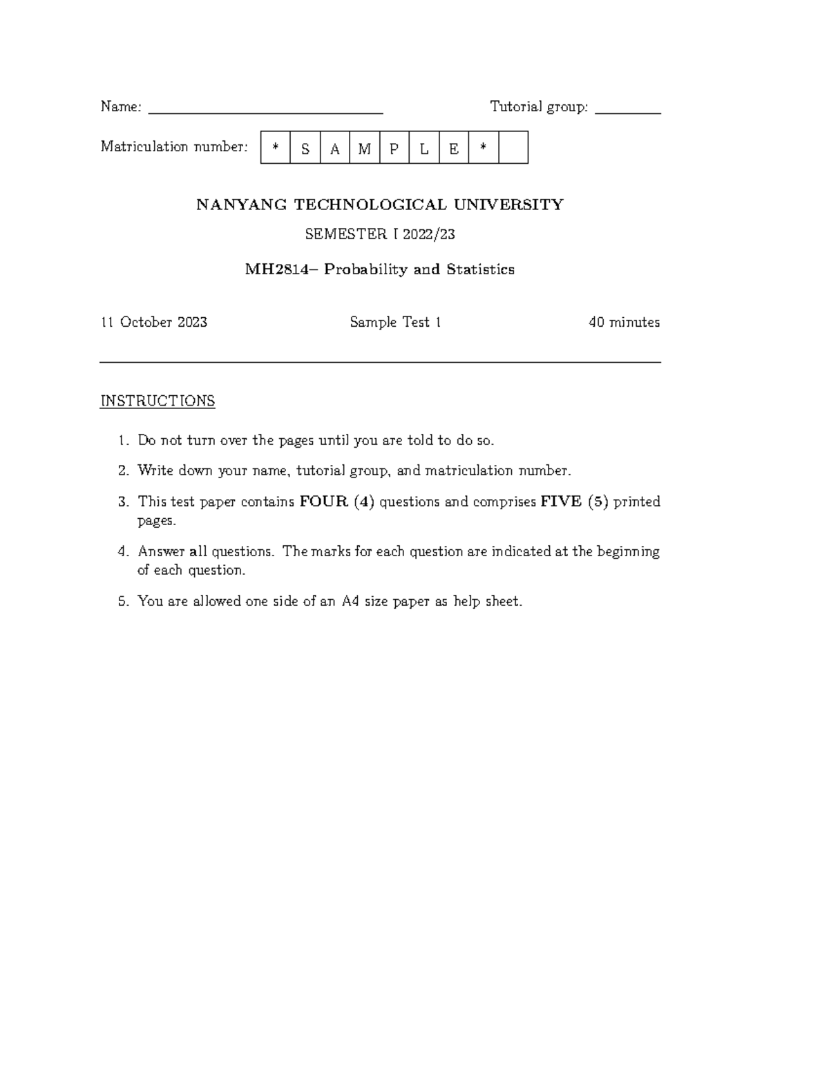MH2814 Sample Test 1 2324 q - Name: Tutorial group: Matriculation ...