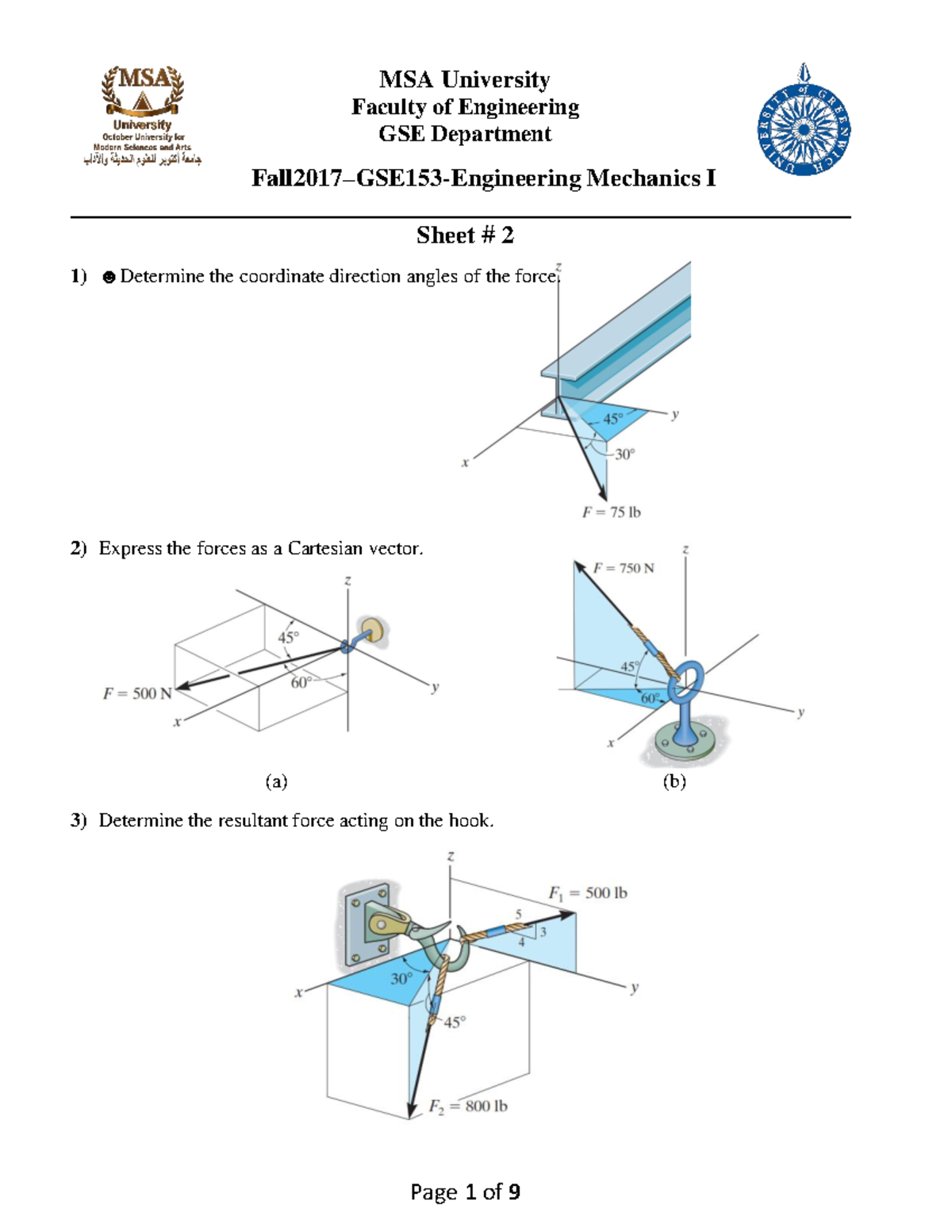 Mechanics - sheet 2 - Fall 2017 - Faculty of Engineering GSE Department ...