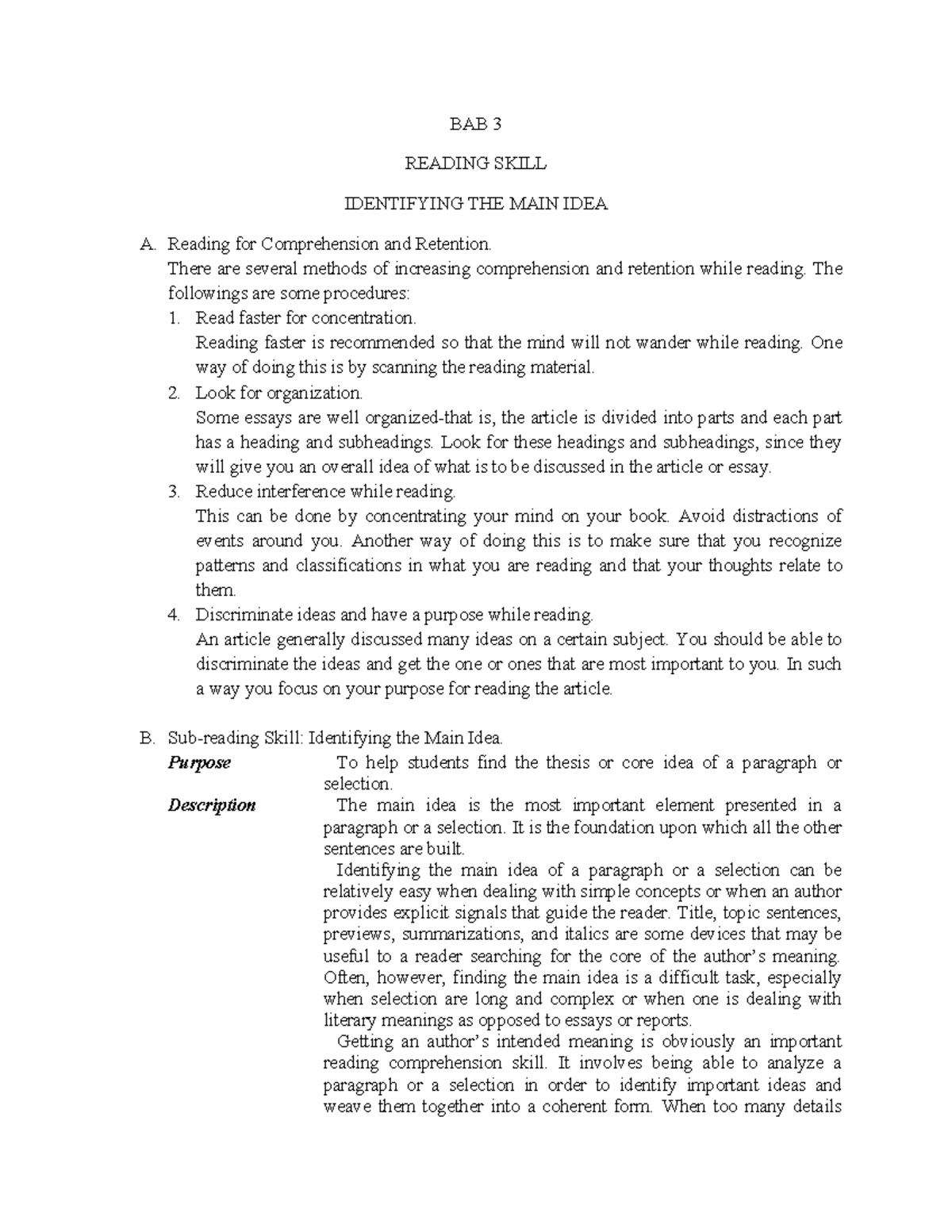 Reading Skill (1) Identifying THE MAIN IDEA - BAB 3 READING SKILL IDENTIFYING THE MAIN IDEA A ...