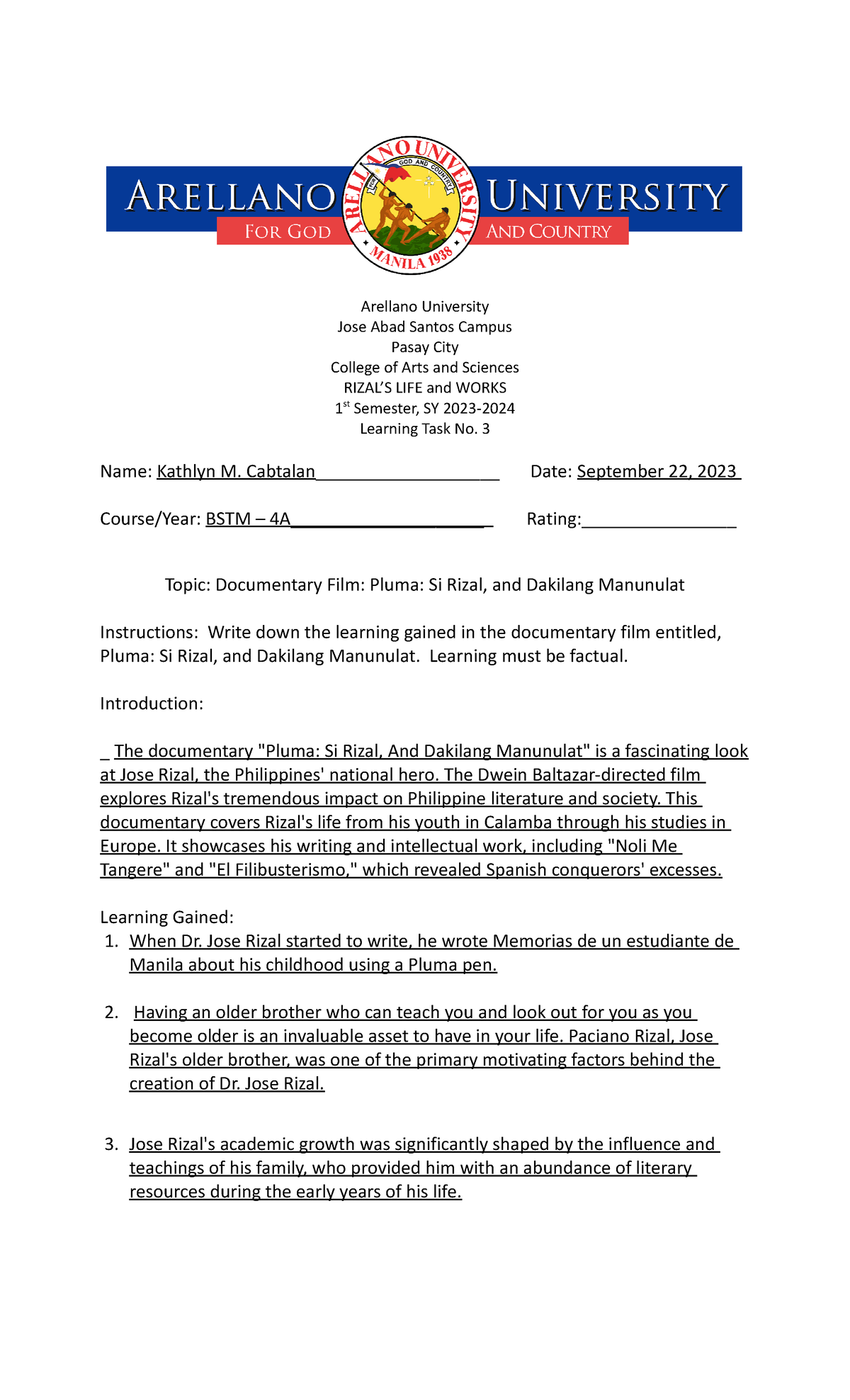 Learning Task 3 Pluma- Rizal ang Dakilang Manunulat Cabtalan - Arellano ...