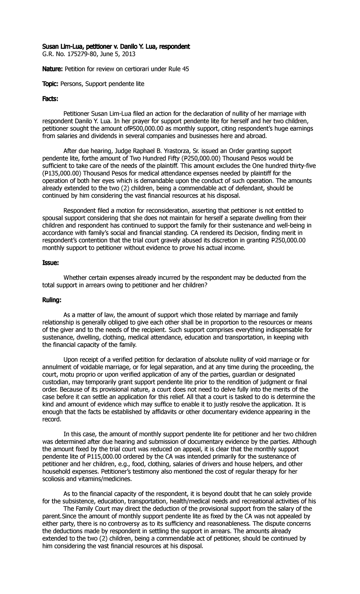260080591 Lim Lua v Lua 2013 - Susan Lim-Lua, petitioner v. Danilo Y ...