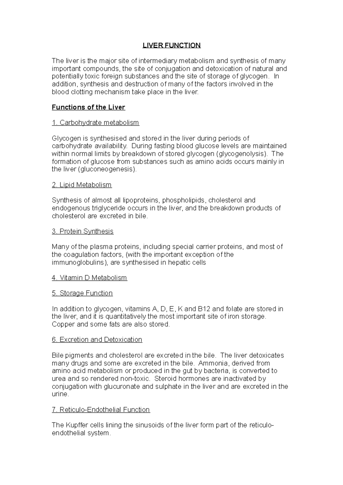 Week 1 liver function - Lecture notes 1 - LIVER FUNCTION The liver is ...