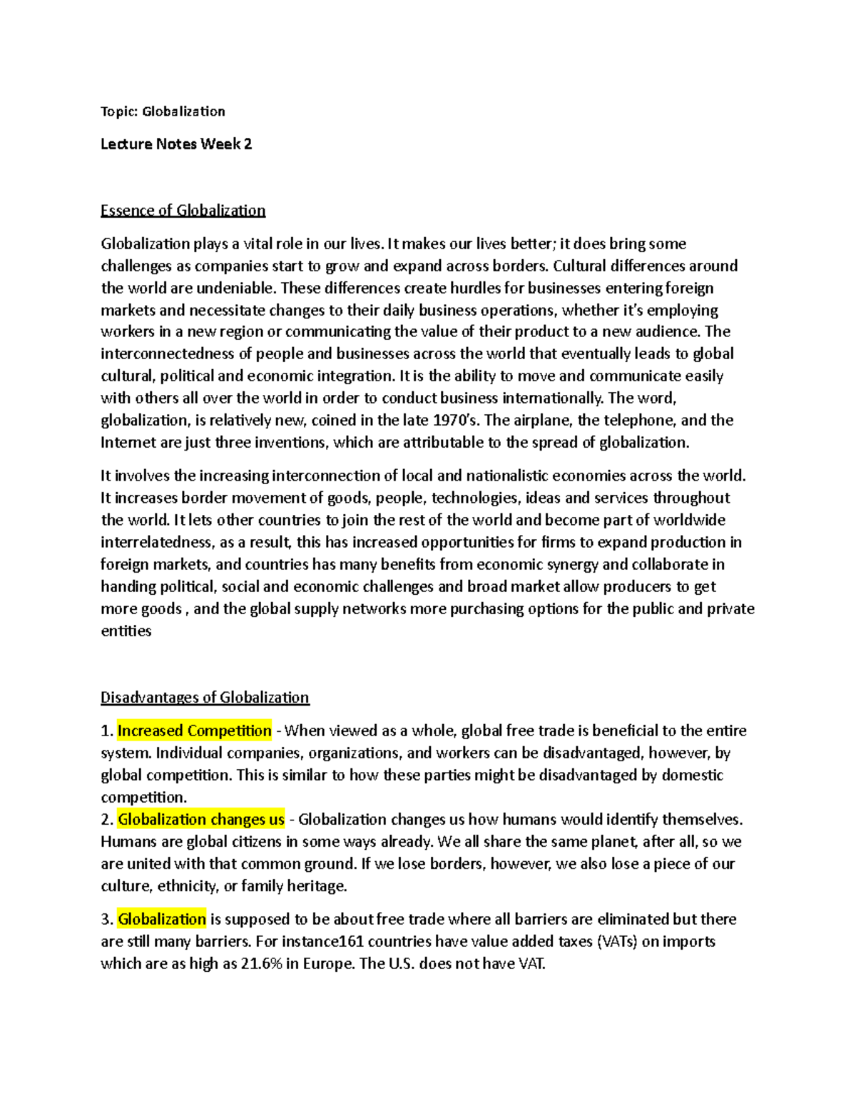 Globalization notes - Topic: Globalization Lecture Notes Week 2 Essence ...