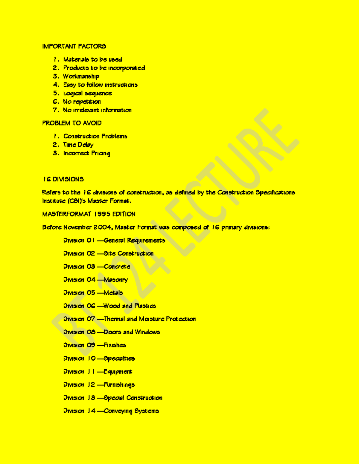 16 Divisions of Specification - IMPORTANT FACTORS Materials to be used ...