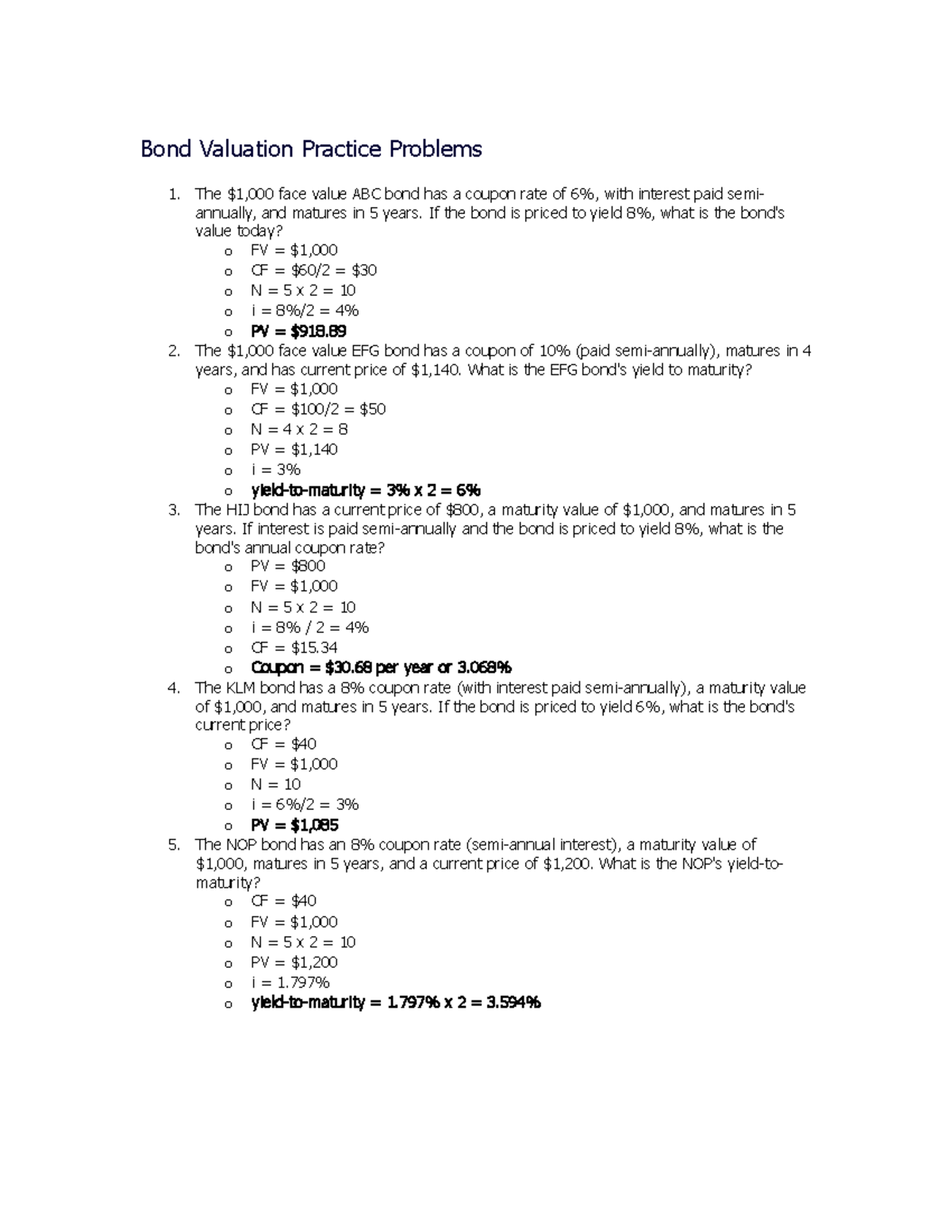 Bonds Bond Valuation Practice Problems The 1 000 Face Value ABC Bond