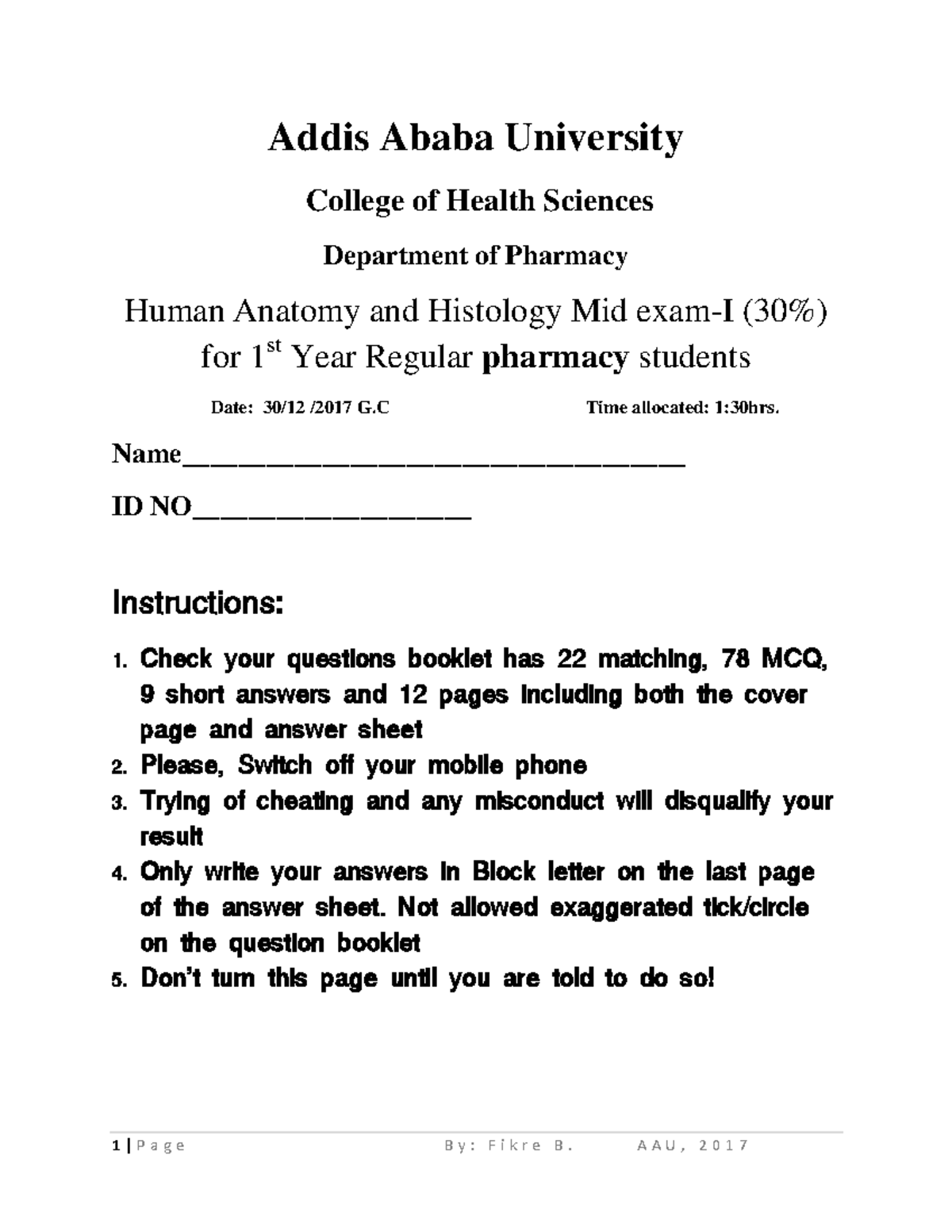 Anatomy mid exam - Addis Ababa University College of Health Sciences ...