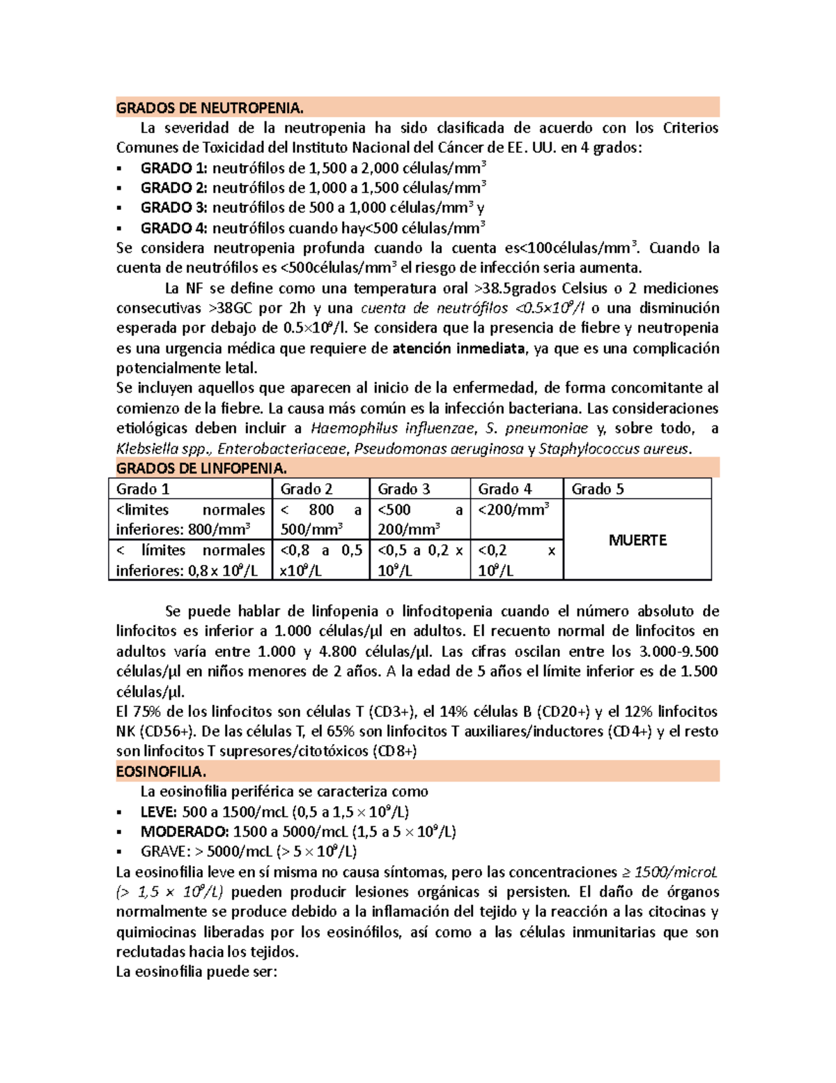 Grados de neutropenia, linfopenia y eosinofilia. Interpretacion de la ...