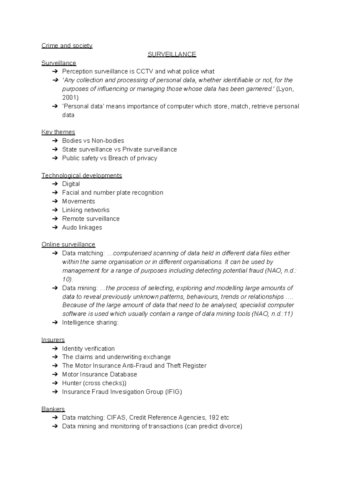Surveillance lecture notes - Crime and society SURVEILLANCE ...