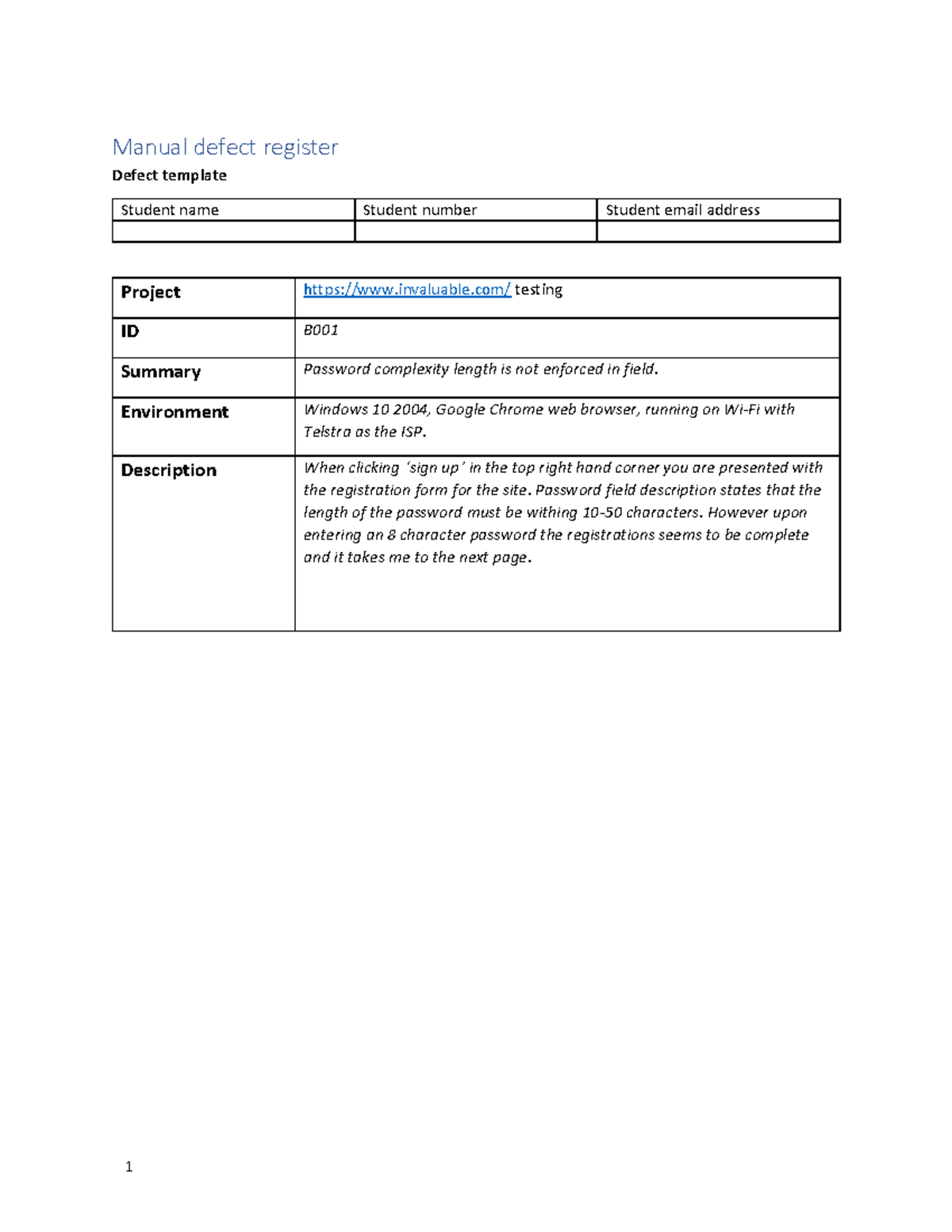 Assignment 2-Studocu-Bug Report - Manual defect register Defect ...