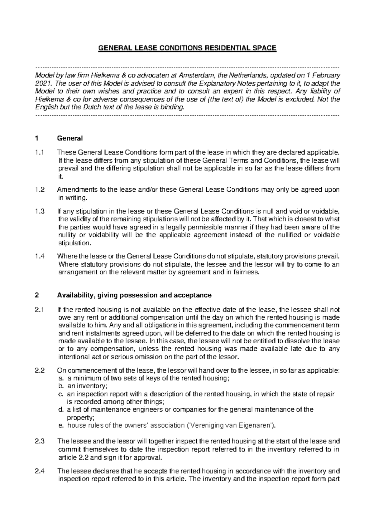 General Lease Conditions Residental Space - Hielkema UK - (per 1 Feb ...