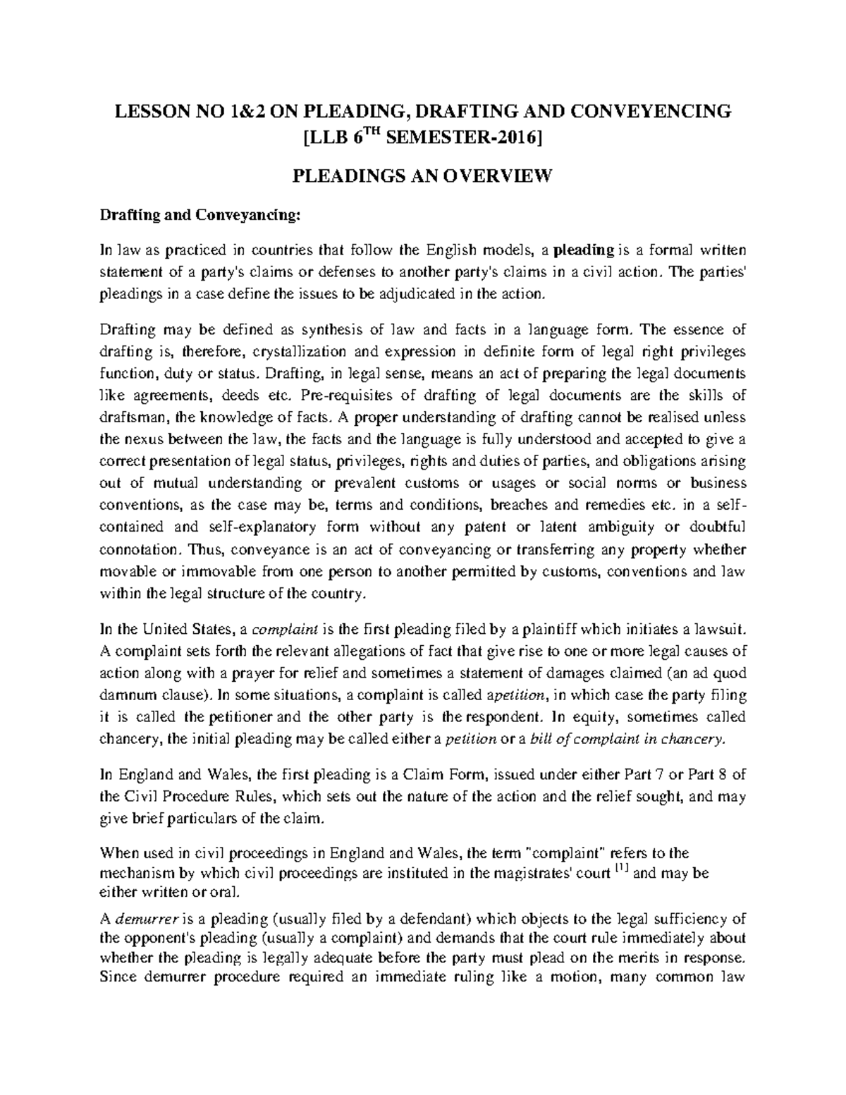 Drafting, pleading and conveyancing - LESSON NO 1&2 ON PLEADING ...