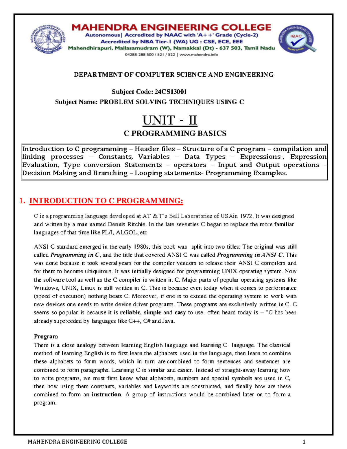 Unit-2 PSTC Material - notes - DEPARTMENT OF COMPUTER SCIENCE AND ...