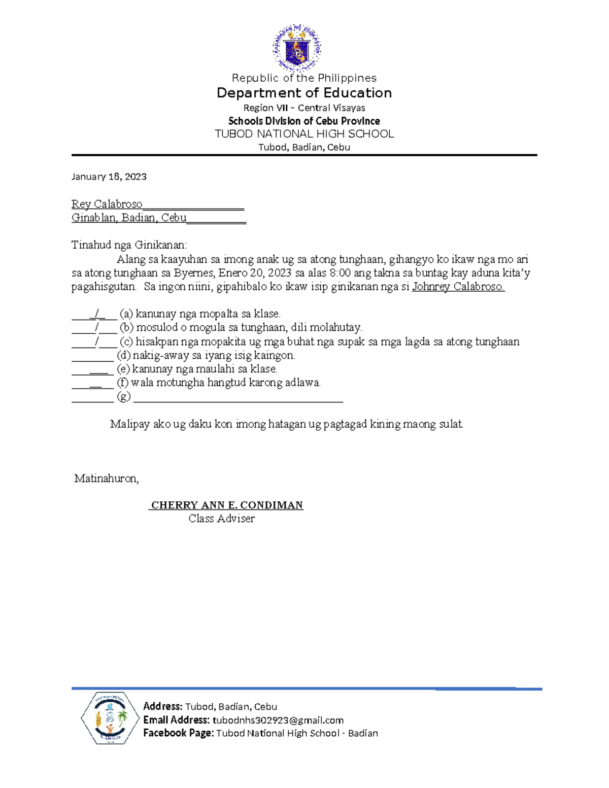 Letter for parent - Republic of the Philippines Department of Education ...